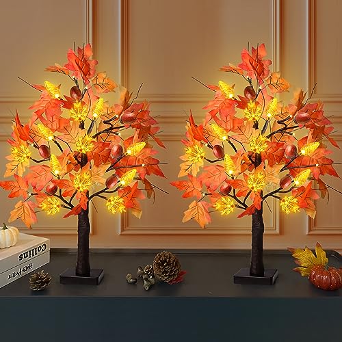 SURCVIO 2 Pack 24 Inch Prelit Fall Maple Tree Fall Decor with 48 LEDs Timer Battery Operated Pinecones Acorns Artificial Autumn Maple Tree for Thanksgiving Harvest Indoor Outdoor Home Decorations