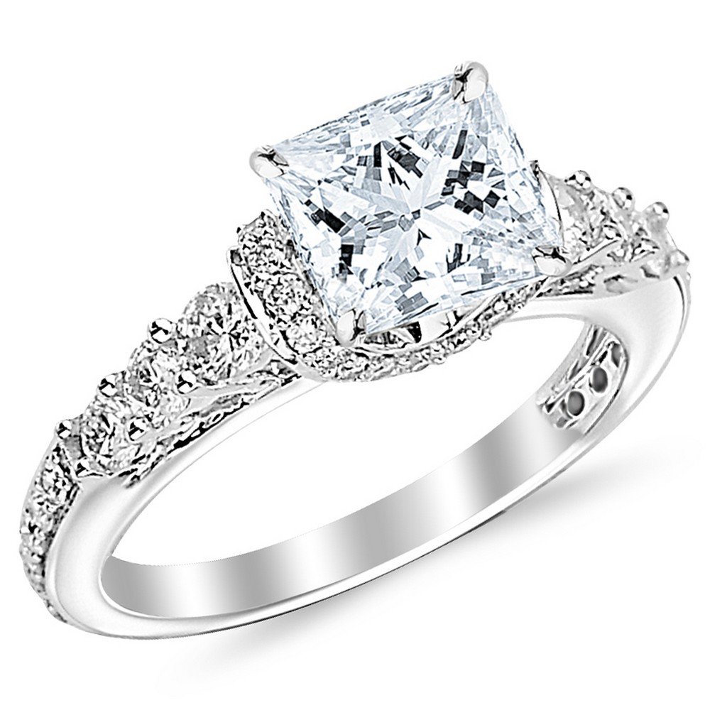 Houston Diamond District 1.35 Carat Princess Cut Designer Four Prong Round Engagement Ring (D-F Color, VS2-SI1 Clarity Center Stone).