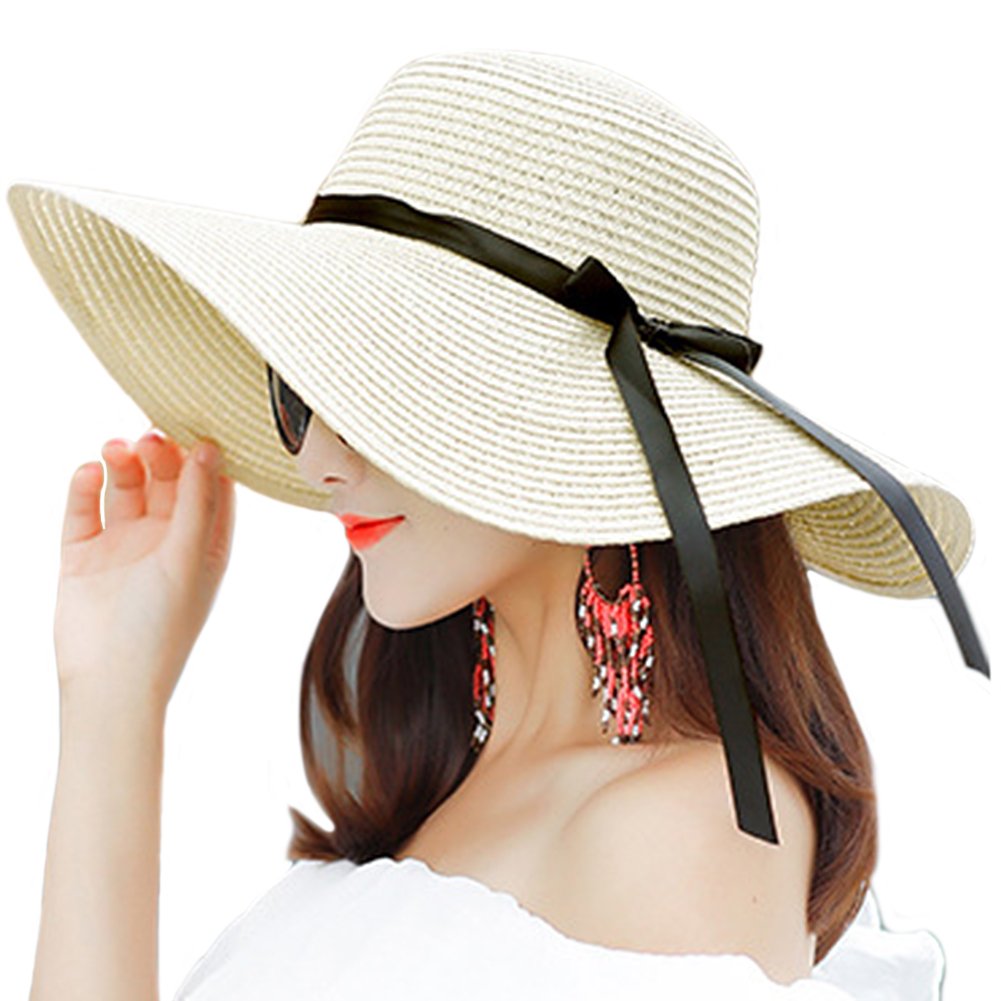 Itopfox Women's Big Brim Sun Hat Floppy Foldable Bowknot Straw Hat Summer Beach Hat UPF 50+ Cap Beige