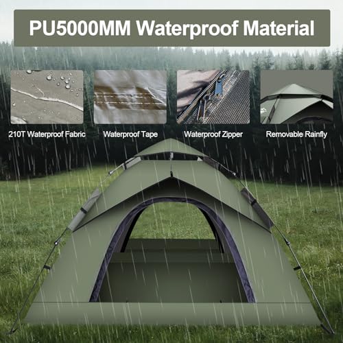 Instant Pop Up Tents for Camping, 2-3 Person Camping Tent Automatic 60s Setup Dome Tent, 2 in 1 Double-Layer Waterproof Family Tent for Hiking Backpacking