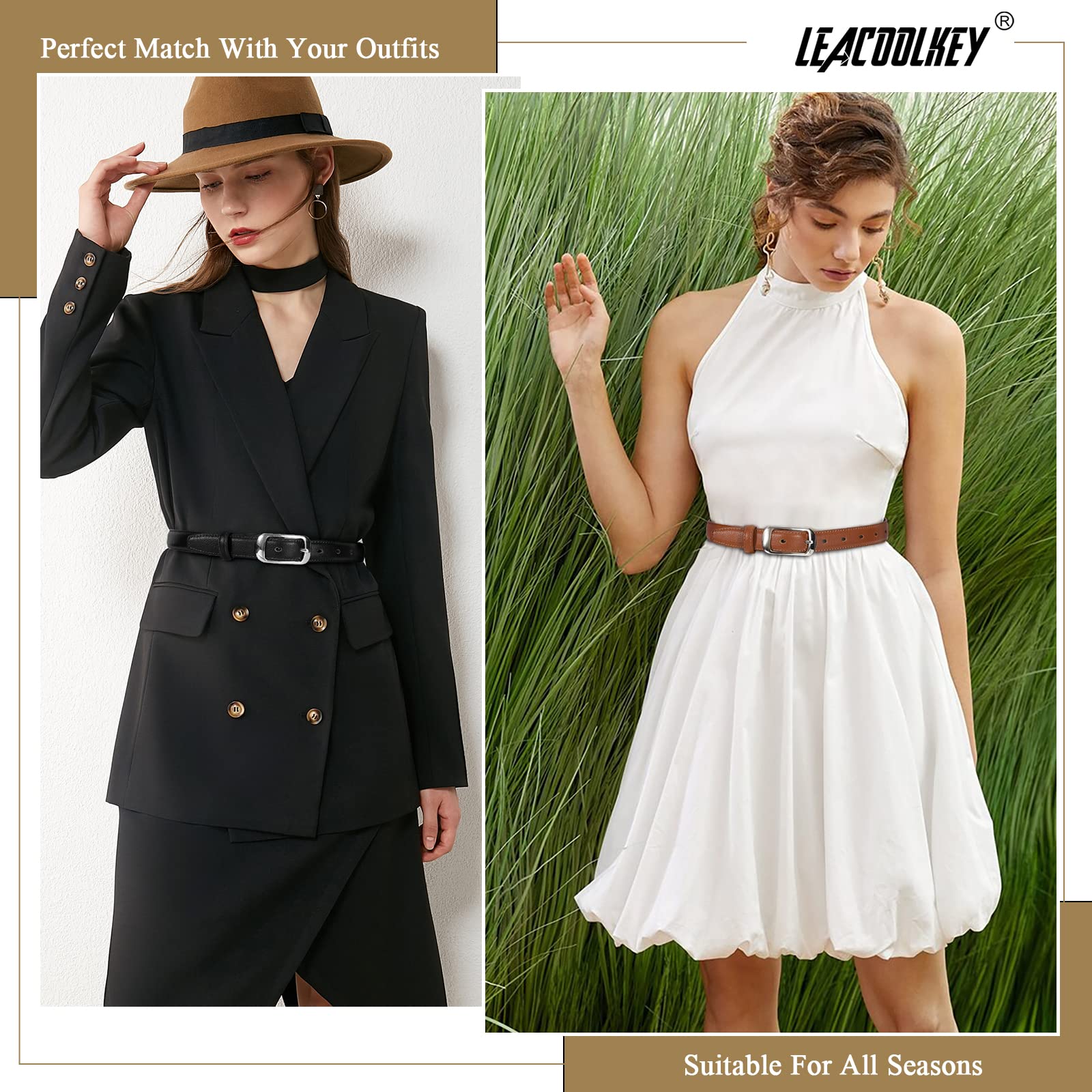 LEACOOLKEY Women Leather Belt for Jeans Pants Solid Fashion Waist Belt for Dress with Silver Pin Buckle