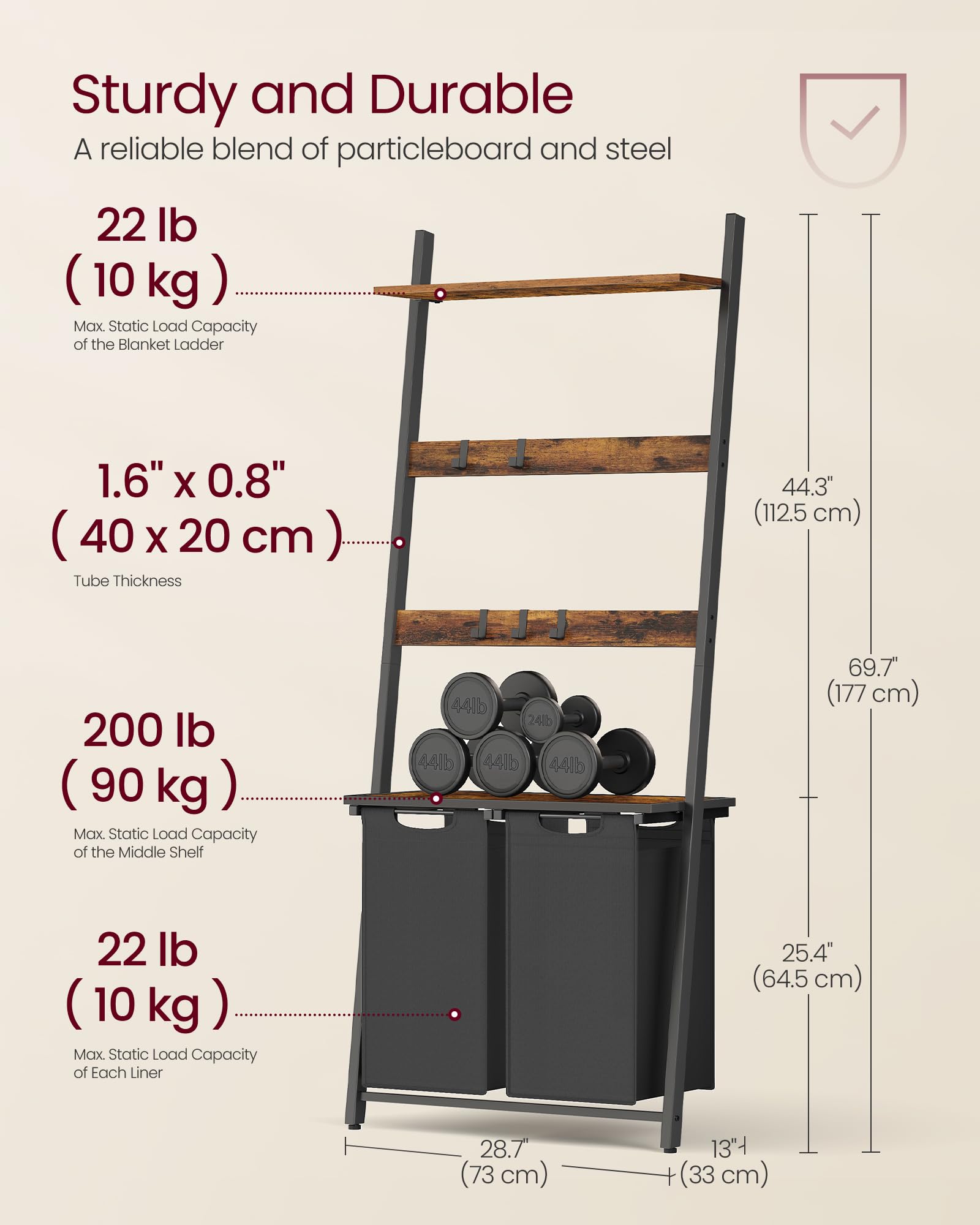 VASAGLE Laundry Basket, 2-Section Laundry Hamper with Blanket Ladder, Pull-Out and Removable Liners, Shelf, 5 Hooks, 2 x 12.1 Gallons, 28.7 x 13 x 69.7 Inches, Rustic Brown and Black UBLH221B01