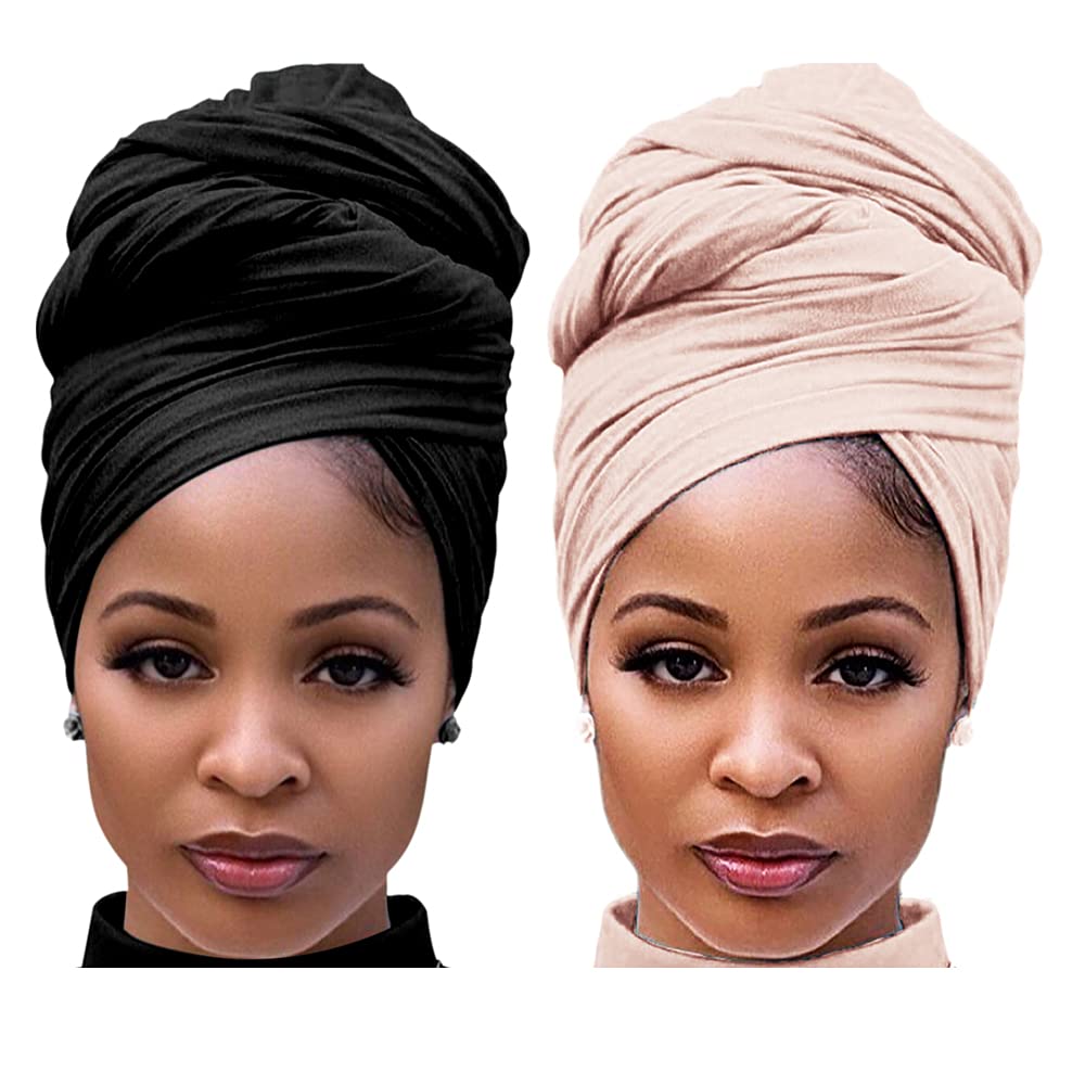 Harewom Jersey Hijab Turban Headwrap Scarf for Black Women Hair Wrap Band Pack (Black&Beige)