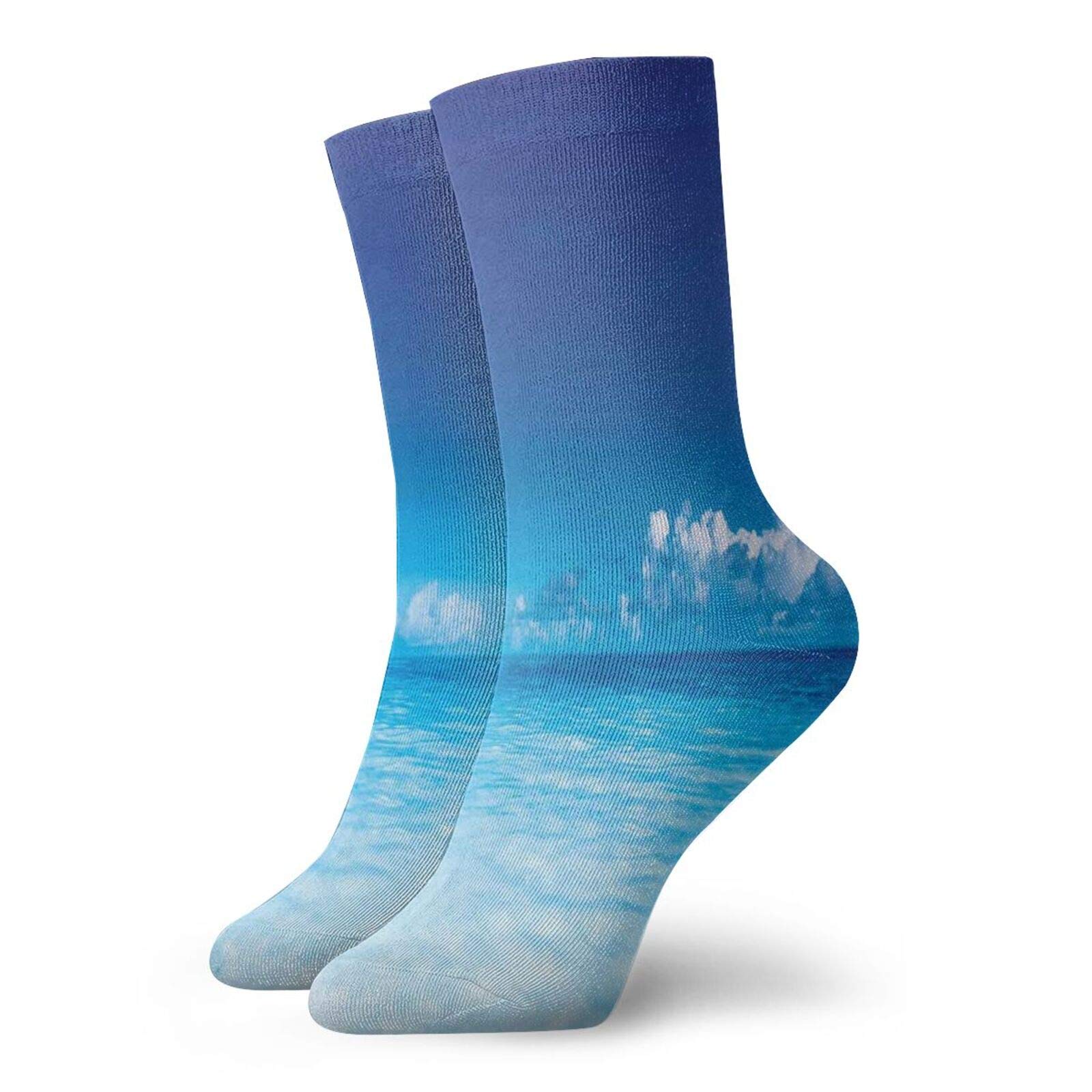 Landscape Funny Compression Socks Women and Men,Ocean Scenery Deep Sea Beach Hot Summer Themed Photo,Best for Circulation,Running,Athletic,Nurse,Travel,Turquoise Light Blue And Dark Blue -12 inch