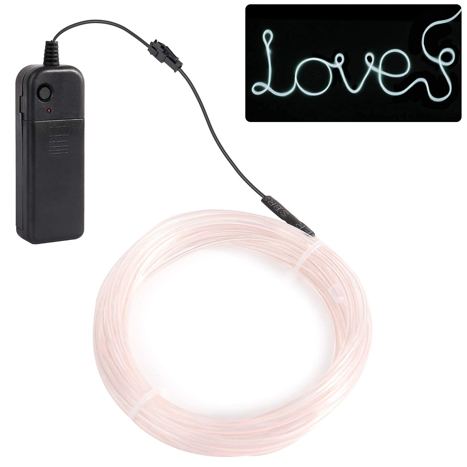 JIGUOOR EL Wire Battery Pack 9.8ft / 3m Bright Neon Light Strip 360° Illumination Neon Tube Rope Lights for DIY, Festival, Party Decoration, Pub, Halloween, Chrismas (9.8ft / 3m, White)
