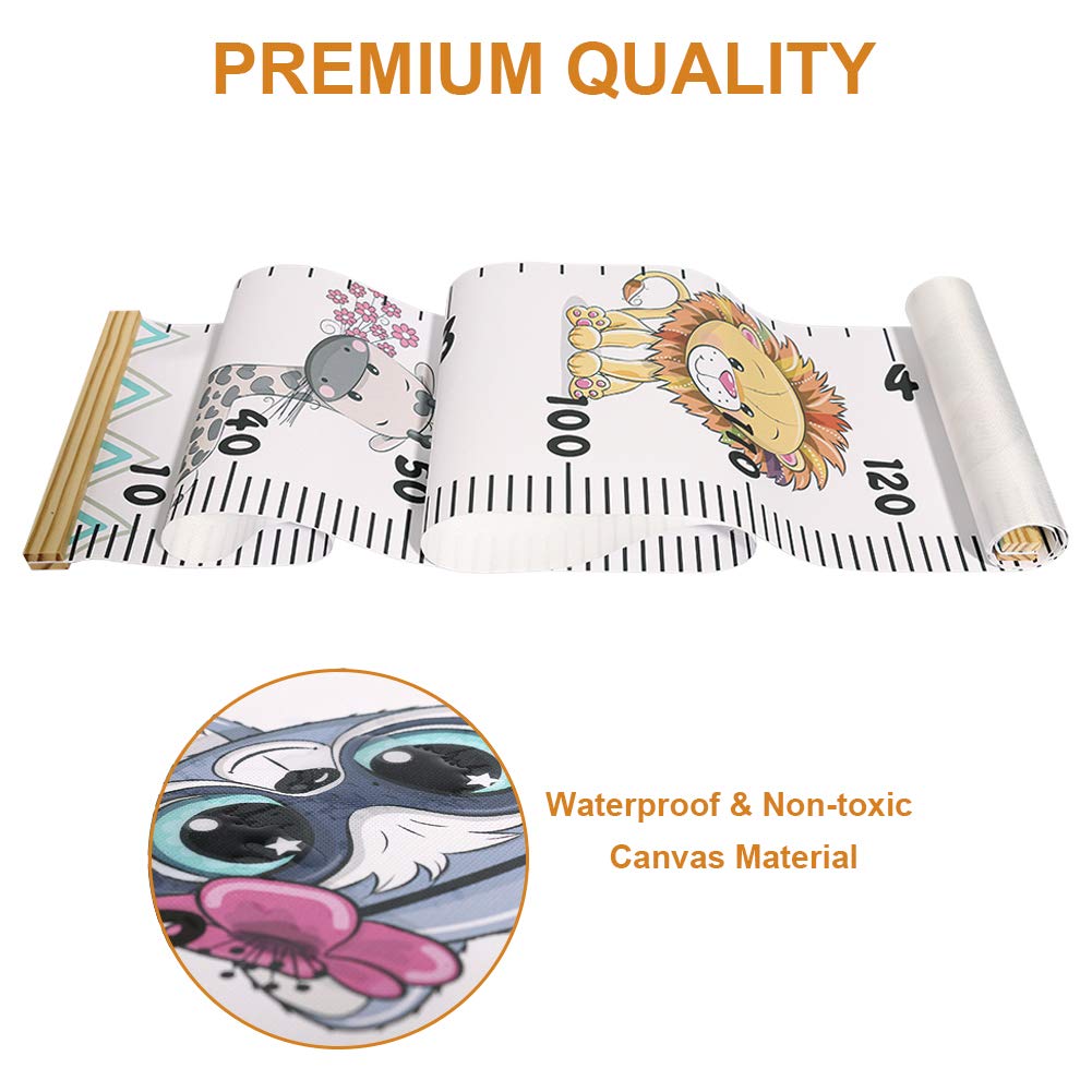 JJGoo Baby Growth Chart Hanging Ruler Wall Decor, Wood Frame Fabric Canvas Removable Height Measurement Ruler Wall Height Growth Chart for Kids Toddlers and Babies (Animal Pattern)
