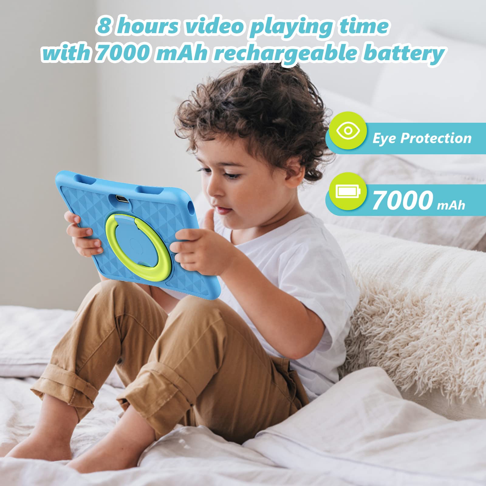 KYASTER Kids Tablet, 10 inch HD Android 12 Toddler Tablets, Quad Core 1.8Ghz, 2GB DDR4, 7000mAh Battery, Dual Box Speakers, Parental Controls Games Learning Apps, EVA Shockproof Case (Blue)