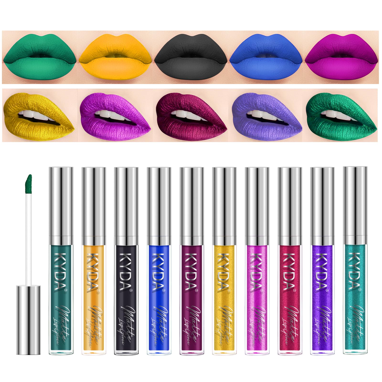 KYDA 10 Colors Lipstick, Matte Velvet&Glitter Metallic Colors, for Glossy Radiant&Full Matte Lip Gloss, Non-Stick Cup Long Wear Lip Glaze, High Pigmented Lipstick Cosmetic, by Ownest Beauty-SET B