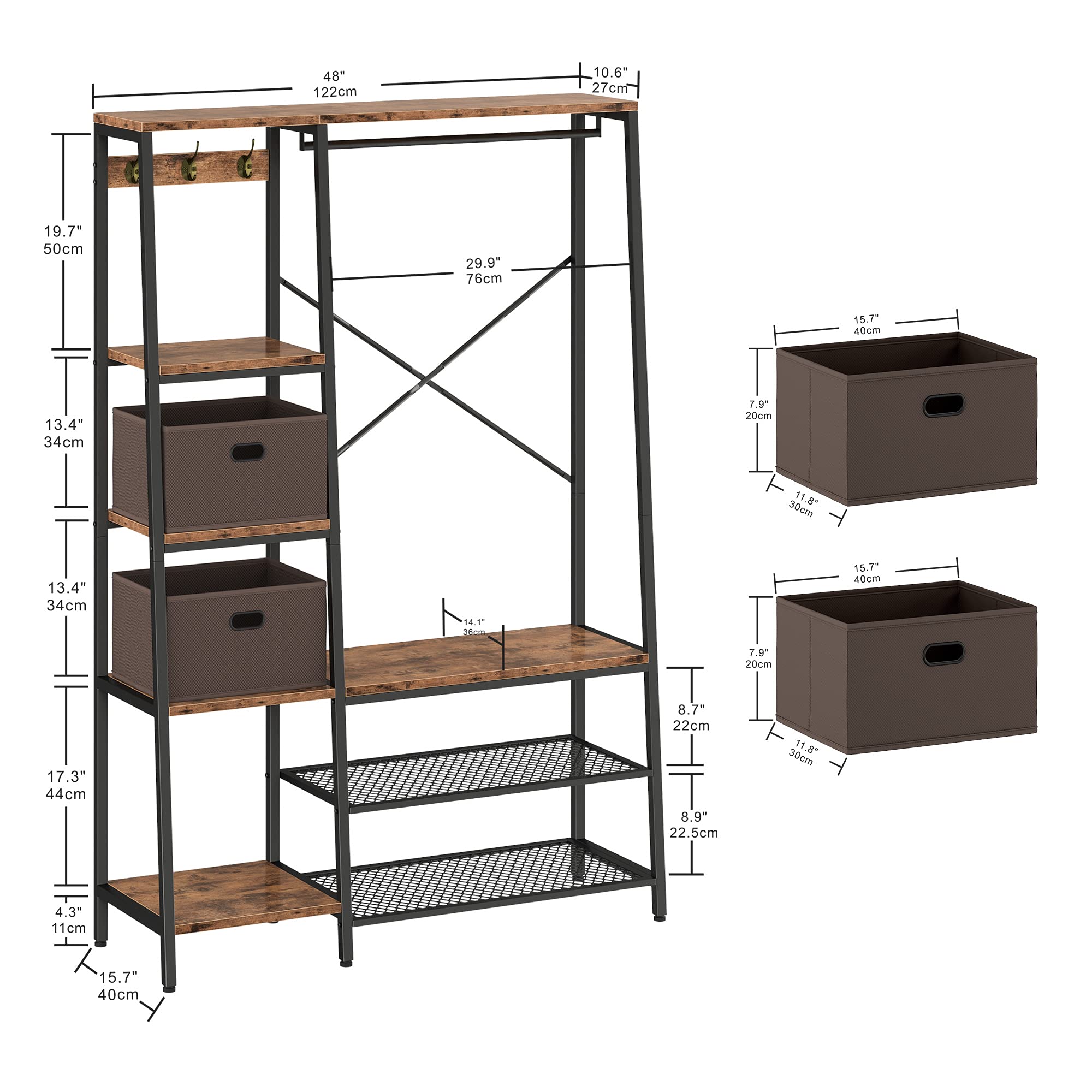 IRONCK Hall Tree with 3 Hooks, Coat Rack Free Standing, Industrial Entryway Organizer with Storage Bench, 5-in-1 Large Size