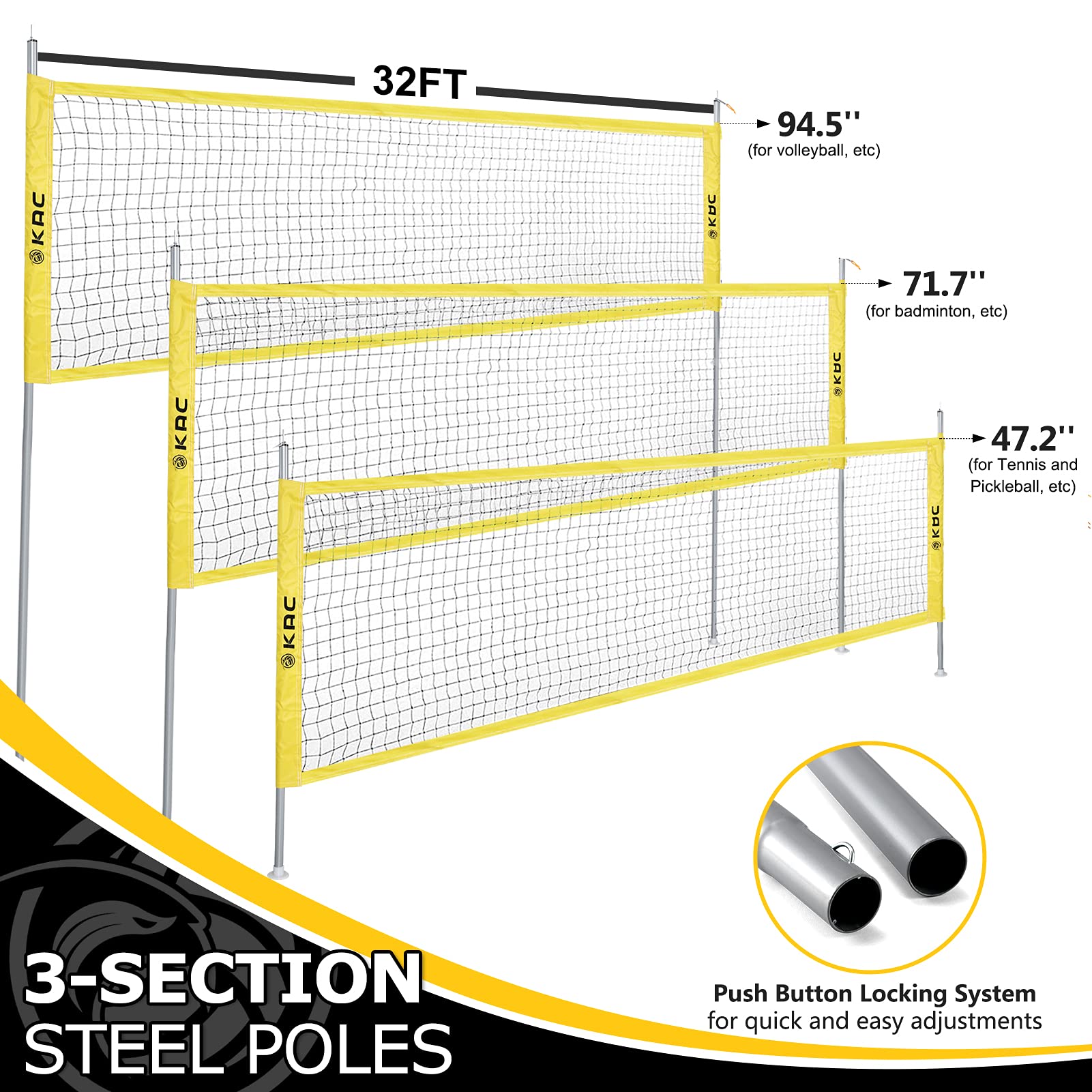 KAC Portable Volleyball Sets, Outdoor Volleyball Net System for Outdoor Beach Backyard, FIVB Nets Standard with Height Adjustable Aluminum Poles