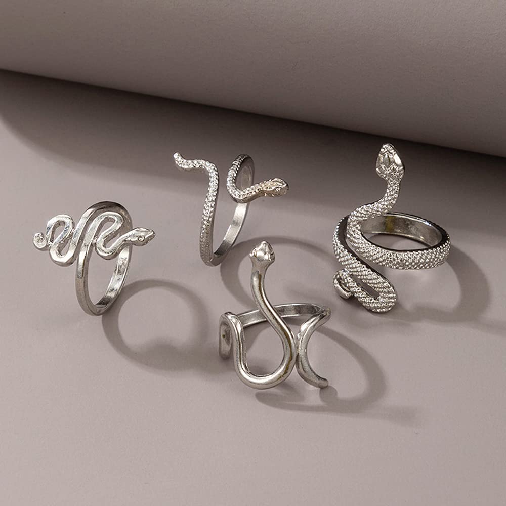 JWICOS 4Pcs Silver Punk Snake Style Stackable Finger Rings for Women Gothic Vintage Open Adjustable Rings Set Gift for Snake Lover Reptile Lover
