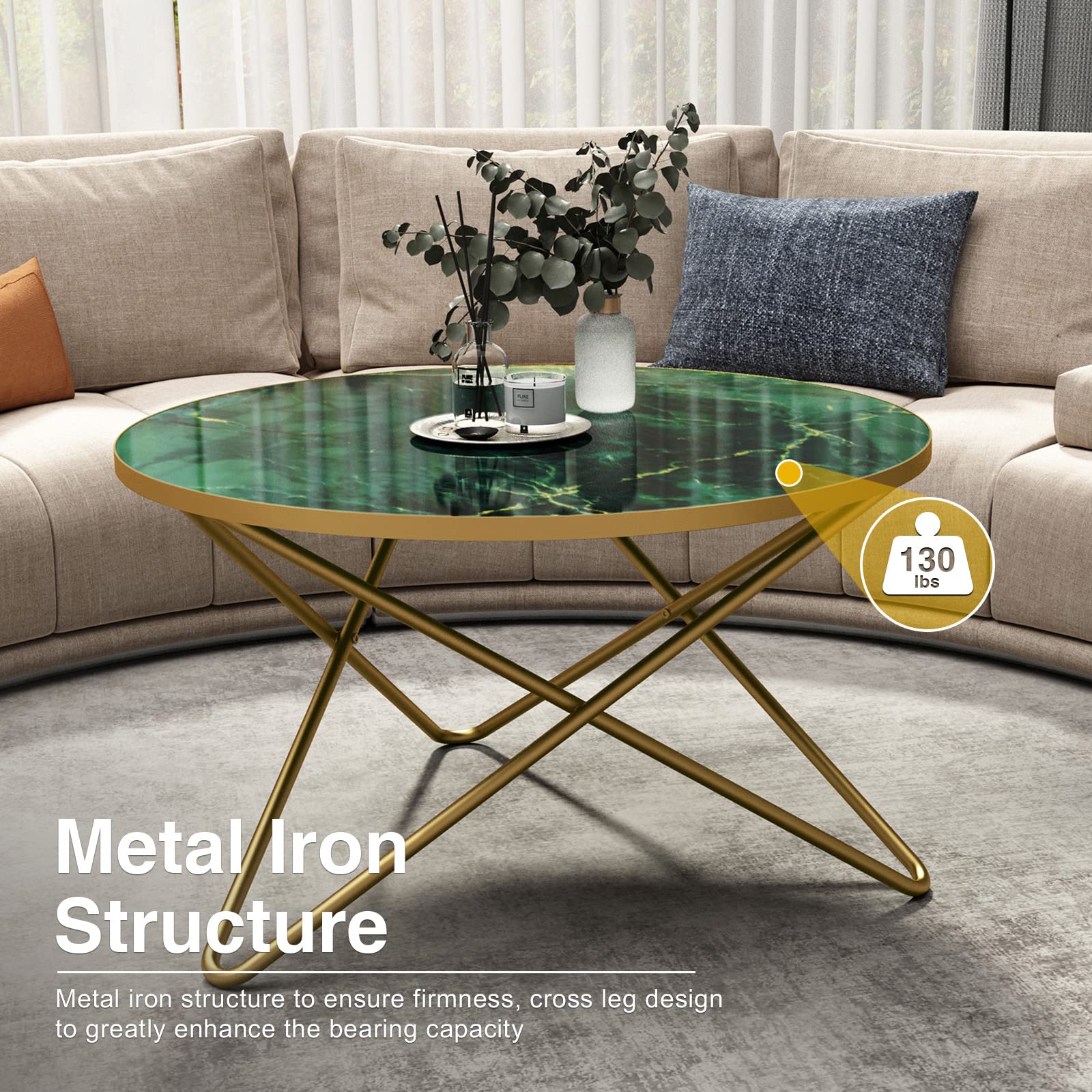 HLR Round coffee table with Green Faux Marble Top