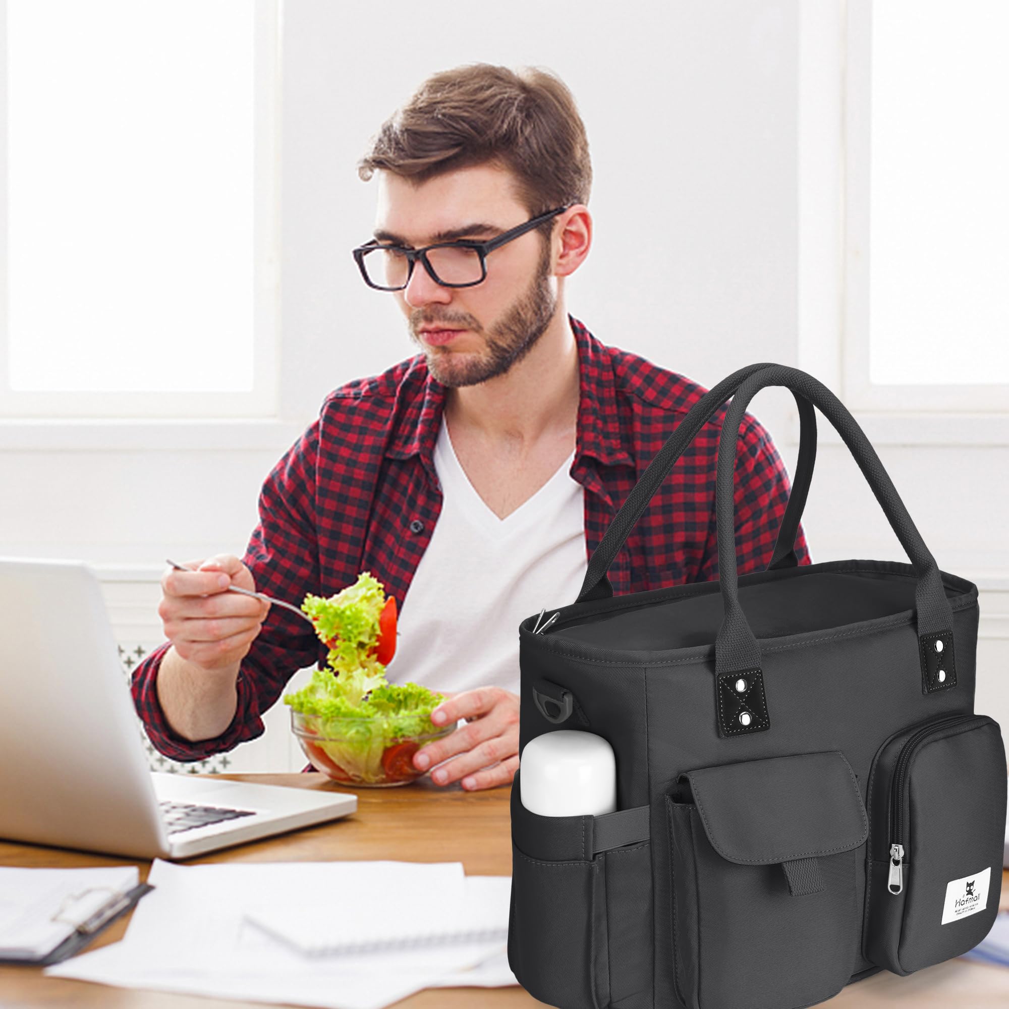 Hafmall Large Insulated Lunch Bag for Women Men, Leakproof Lunch Box for Adults, Wide Opening Lunch Tote Bag with Shoulder Strap, Reusable Lunch Cooler Bag for Work, Picnic, Black