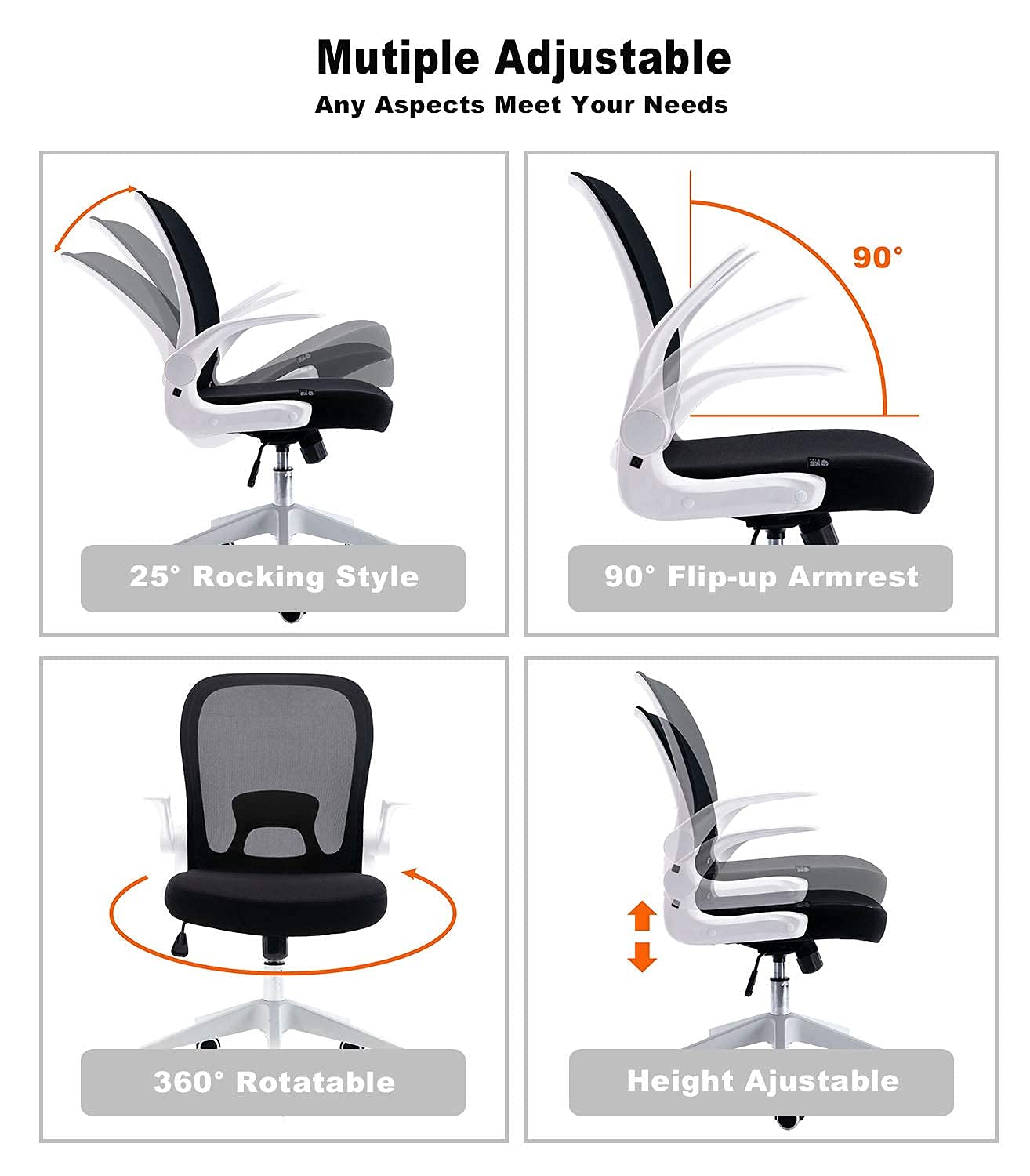 Huntor Ergonomic Office Chair Desk Chair for Home Office Work Chair Mesh Chair with Flip-up Arms White