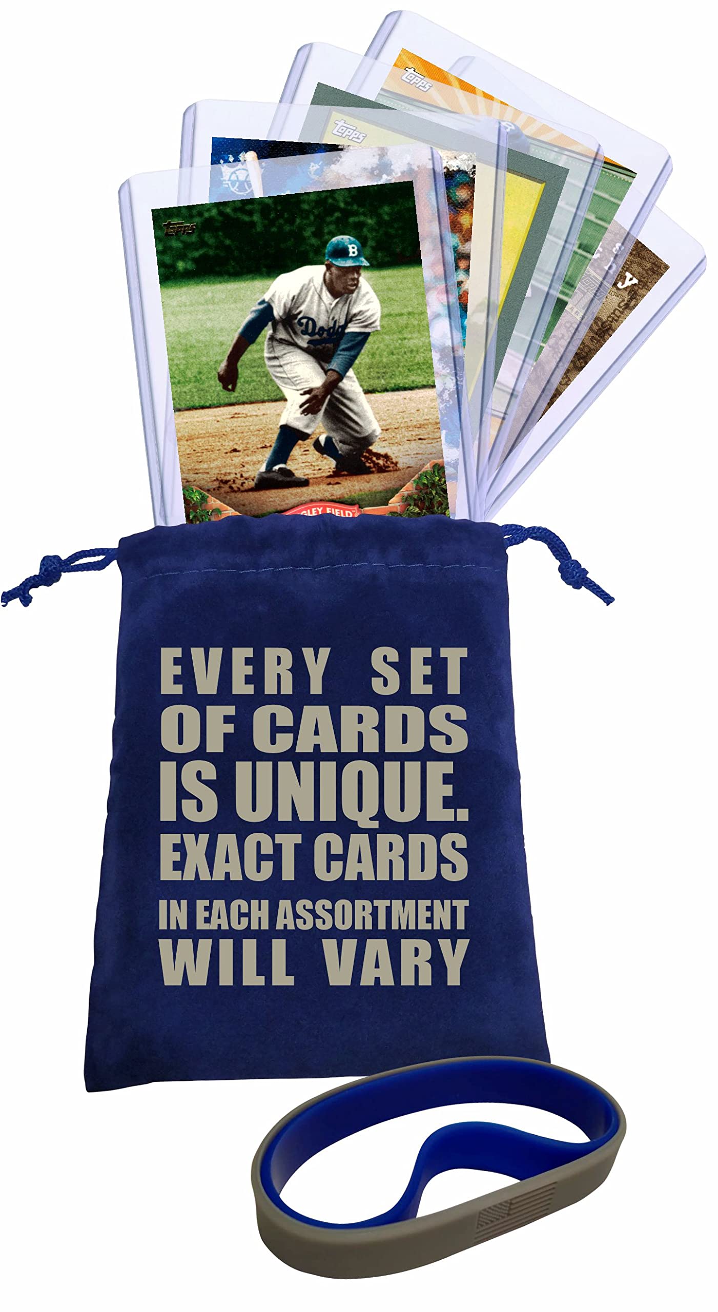 Jackie Robinson Baseball Cards (5) Assorted Brooklyn Dodgers Trading Card and Wristbands Gift Bundle