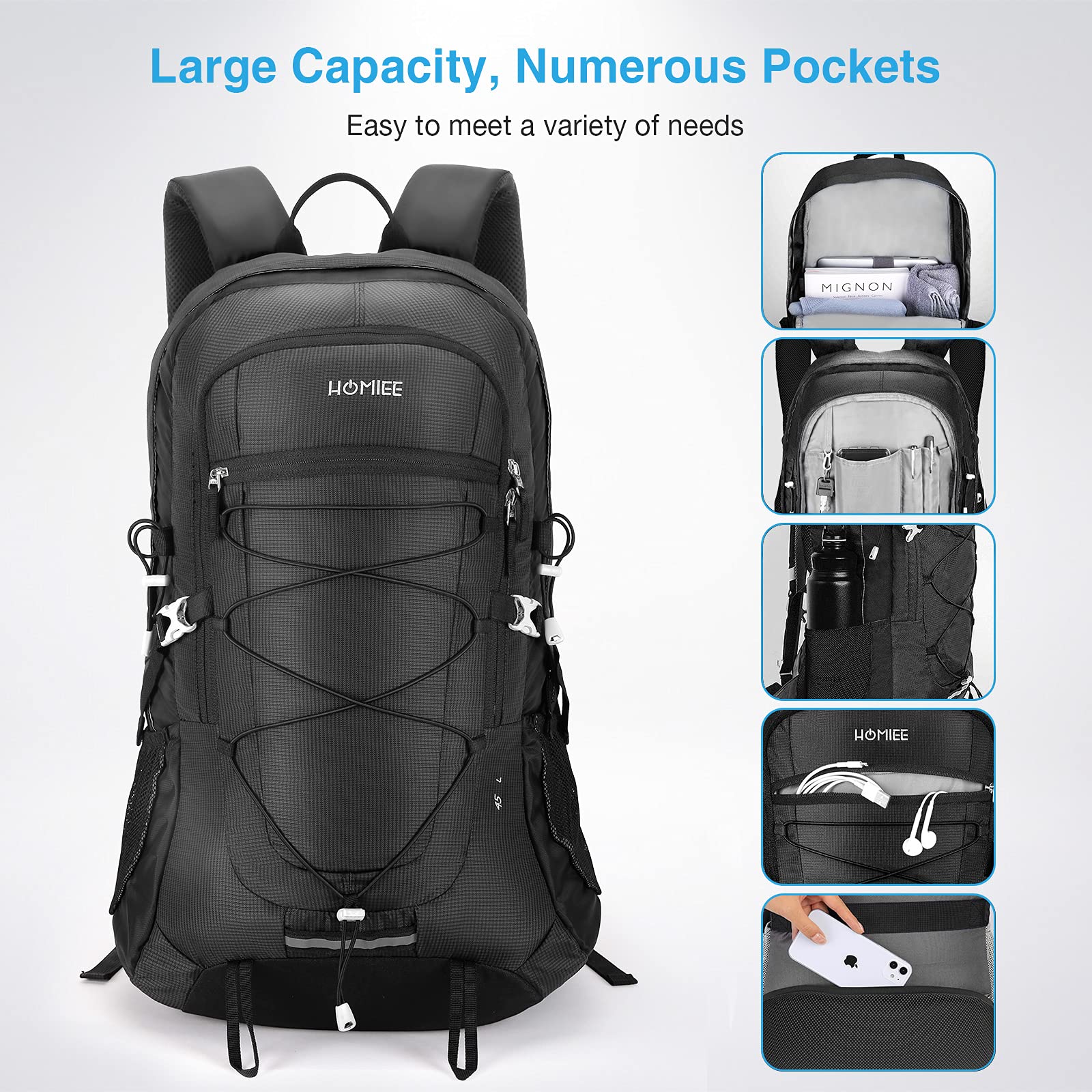 HOMIEE 45L Hiking Backpack Lightweight Travel Backpack Outdoor Camping Daypack for Men Women