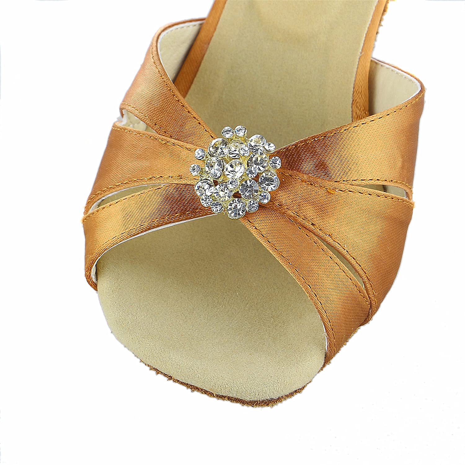 JIAJIA 20510 Women's Satin Sandals Flared Heel Latin Salsa Performance Dance Shoes Color Tan,Size 7.5 B(M) US/38 EU