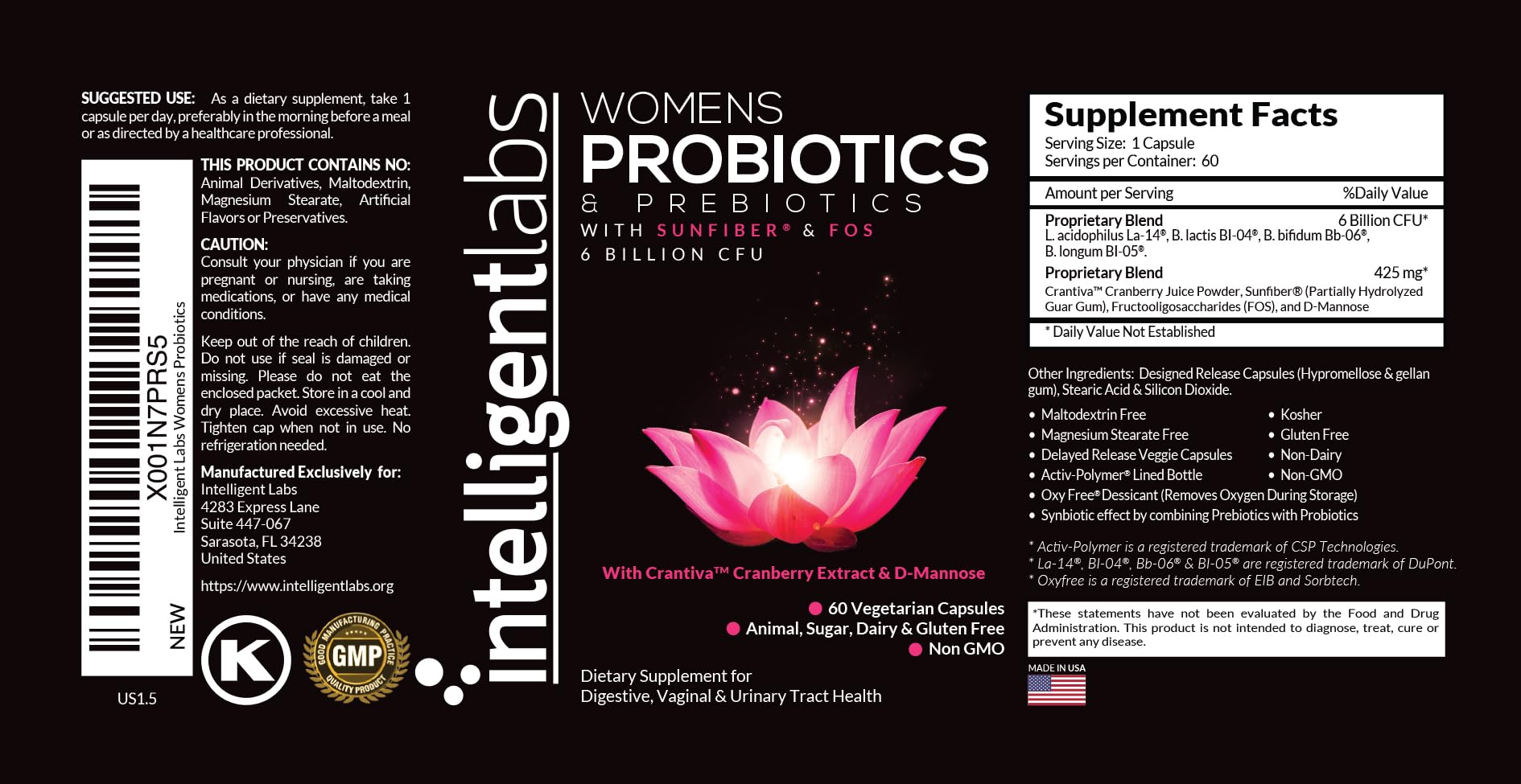 Intelligent Labs Women's Probiotics Formula with Cranberry Extract, D-Mannose and Prebiotics All in one! 6 Billion CFU Probiotic, One Capsule a Day, 2 Months Supply Per Bottle
