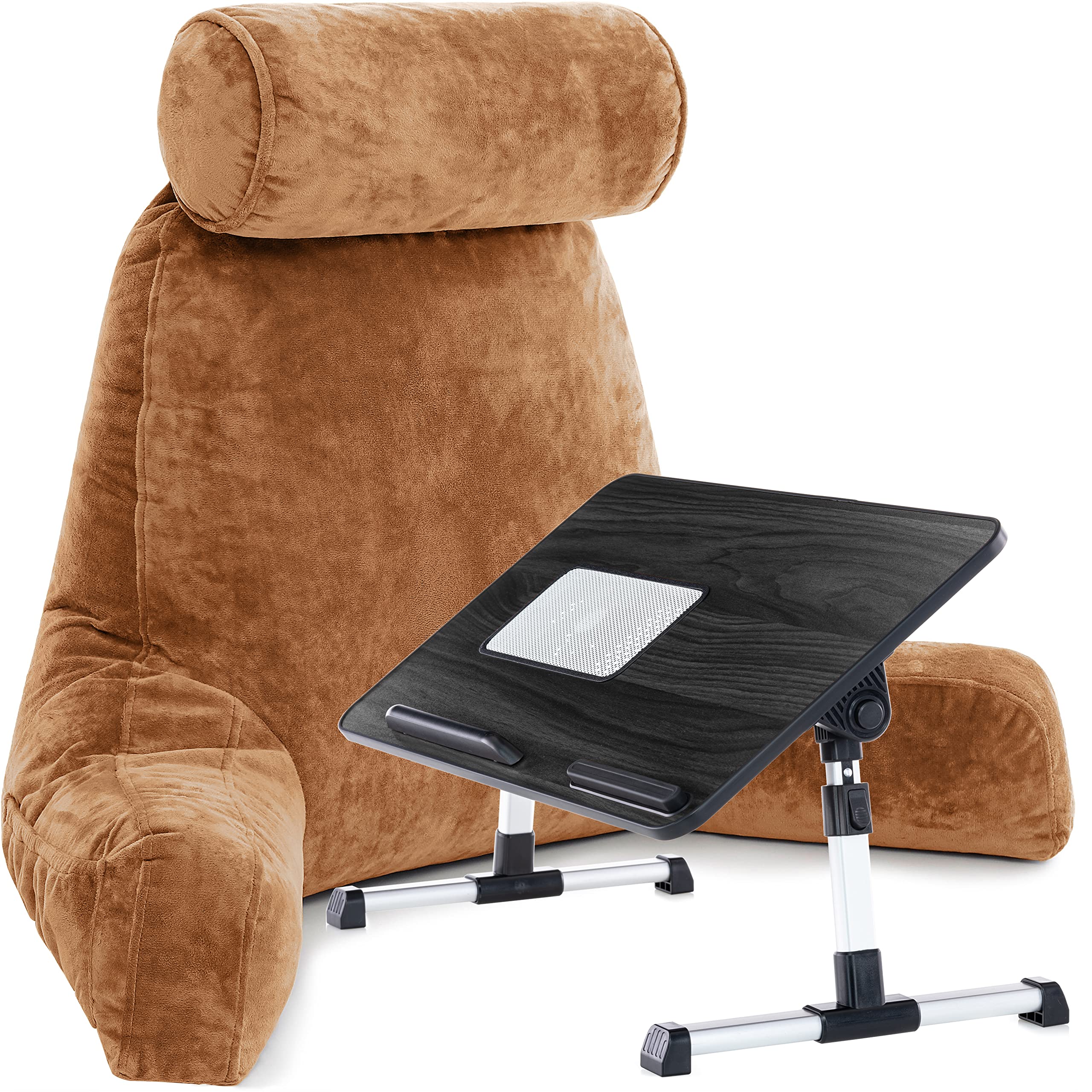 Husband Pillow Combo - Backrest Pillow with Arms : XXL Tan & Lap Desk Bed Tray : Grey - Memory Foam Reading Pillows for Bed w/Removable Neck Roll & Laptop Bed Tray Table