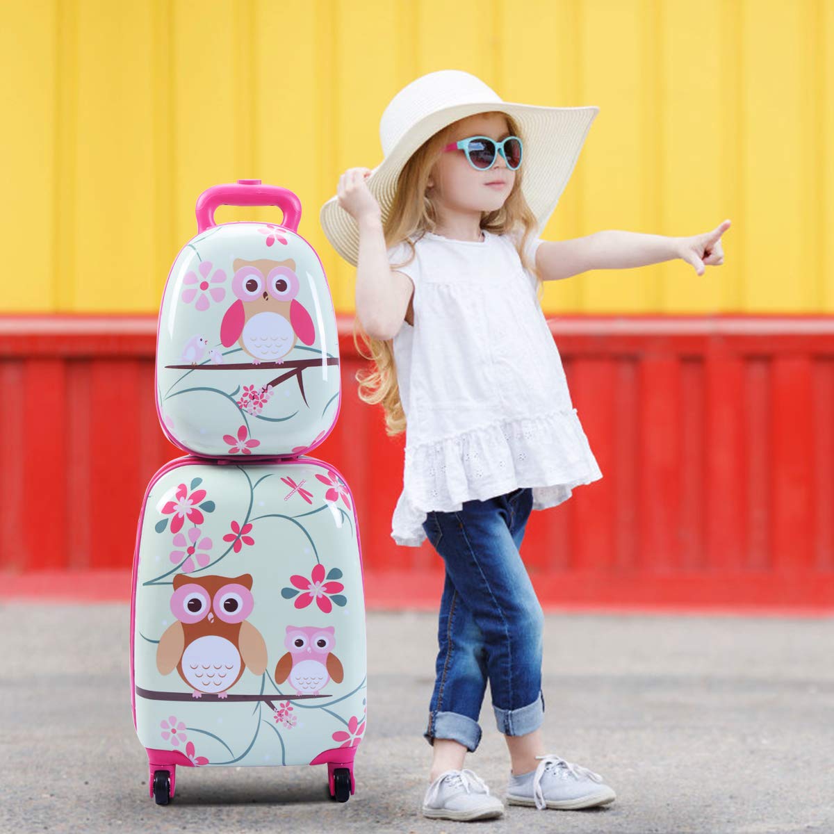 HONEY JOY Kids Luggage, 12β Travel Backpack & 16β Hard Shell Toddler Suitcase, Children Rolling Luggage with Wheels, Retractable Handle & 4 Casters, 2Pcs Carry On Luggage Set for Boys Girls (Owl)