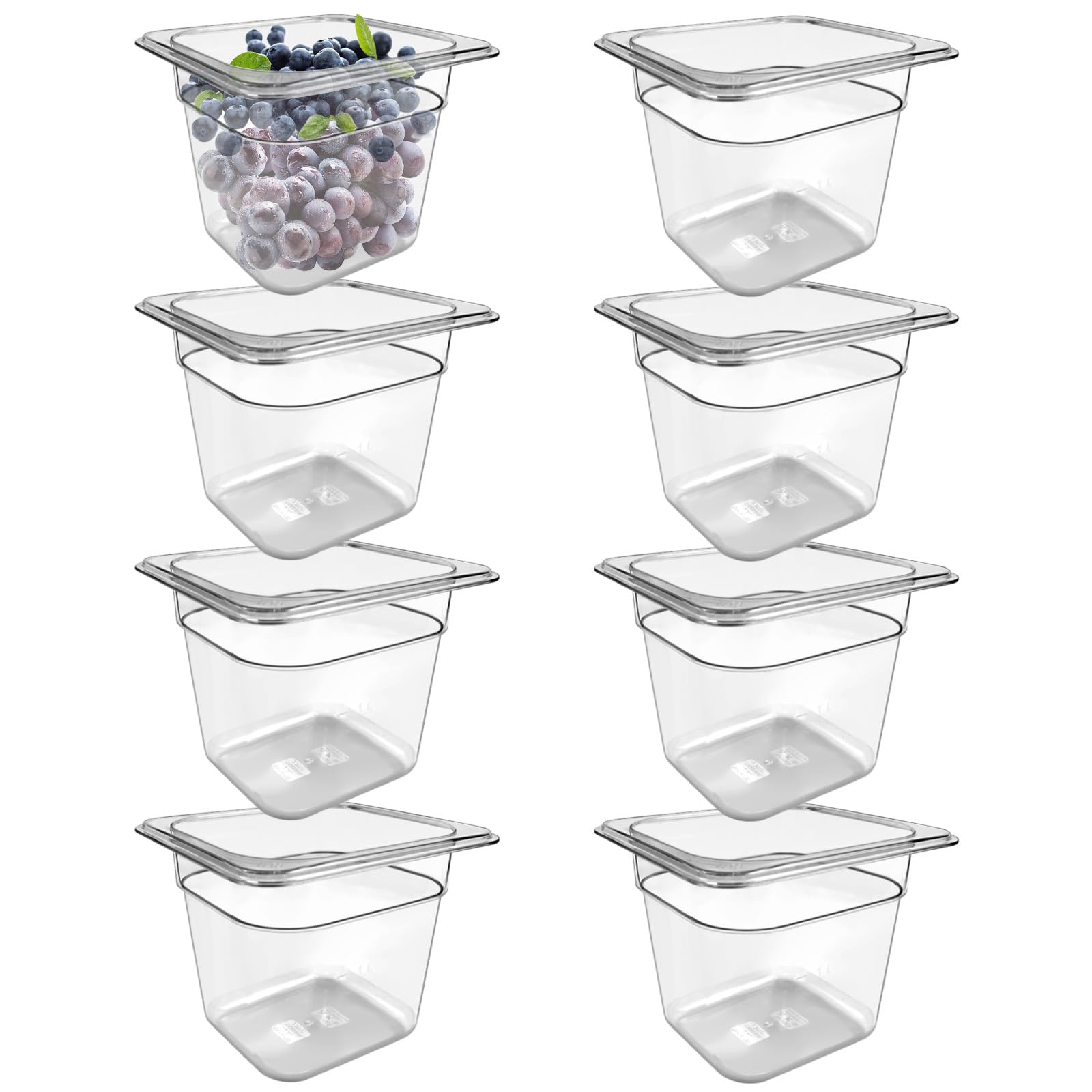Hlimior 8 Pack Plastic Clear Food Pan 1/6 Size 6'' Deep Acrylic Food Storage Containers Stackable Polycarbonate Pan with Capacity Indicator Commercial Hotel Pans for Kitchen Restaurant Food Prep