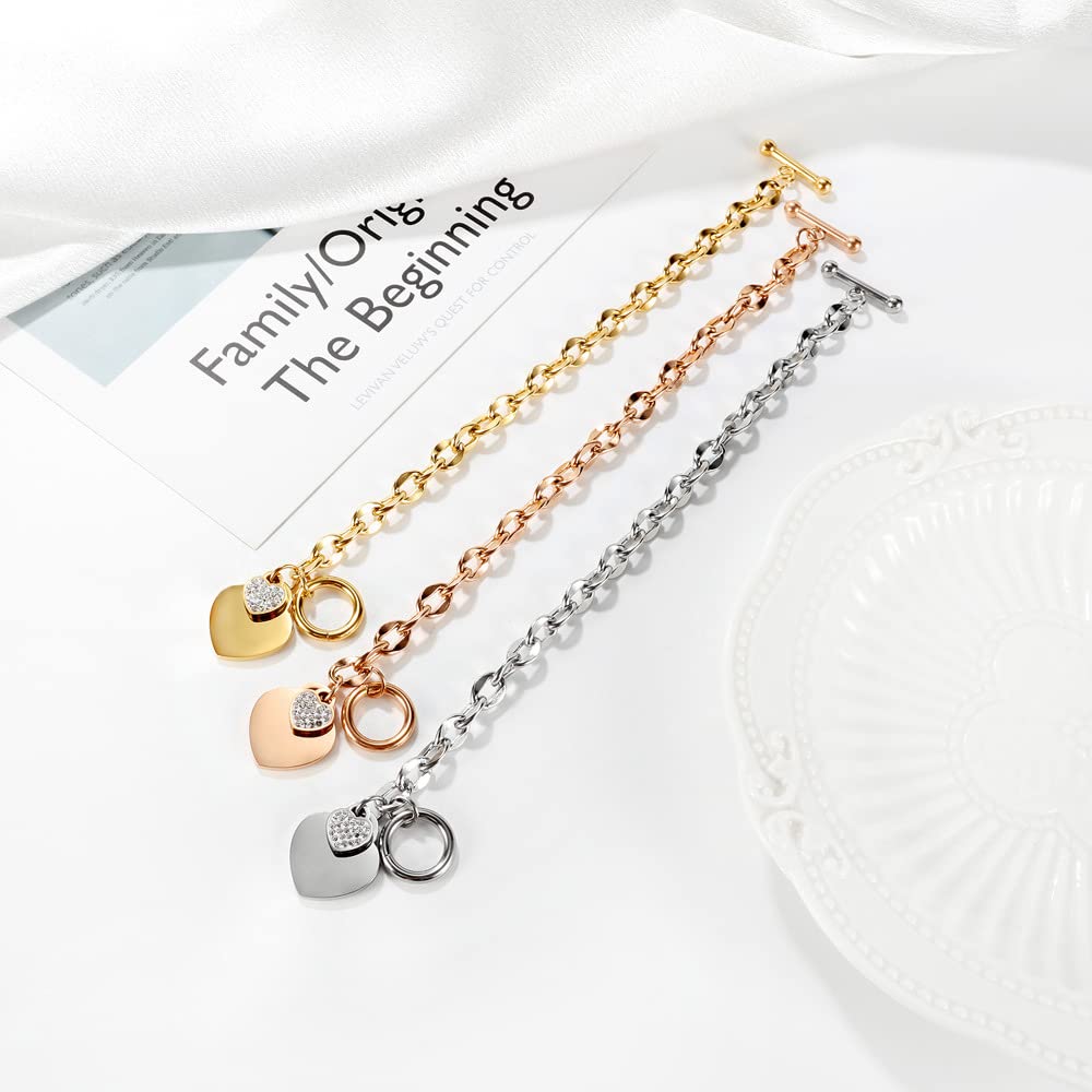 Jukoclut Stainless Steel Cubic Zirconia Heart Charm Toggle Clasp Chain Bracelets for Women Silver