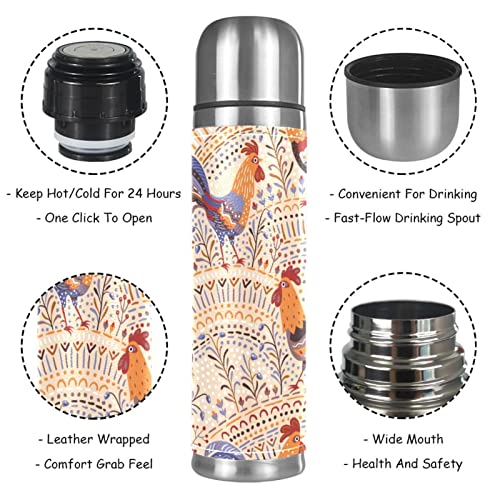 Seamless Art Cock Rooster Stainless Steel Water Bottle, Leak-Proof Travel Thermos Mug, Double Walled Vacuum Insulated Flask 17 OZ