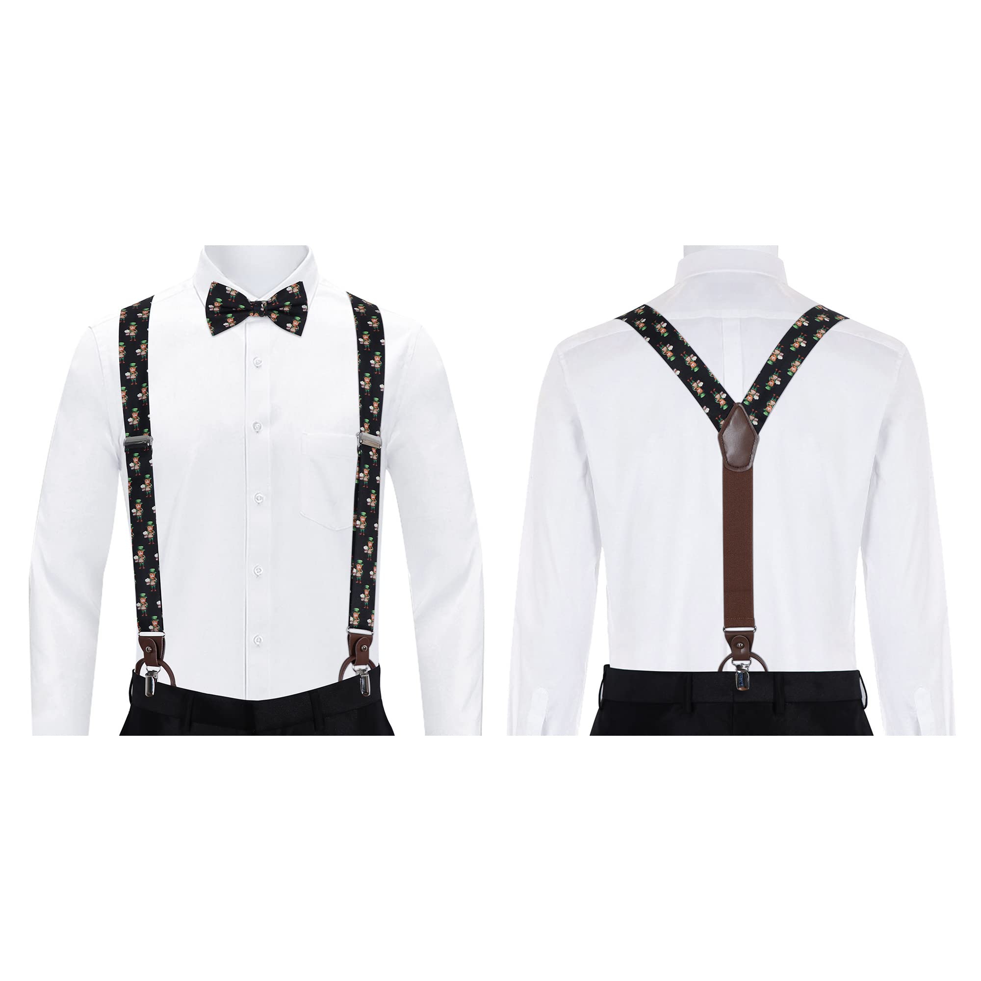 Jacob Alexander Men's Happy Saint Patrick's Day Leprechaun Holding Drinks Pattern Suspenders - Dark Green