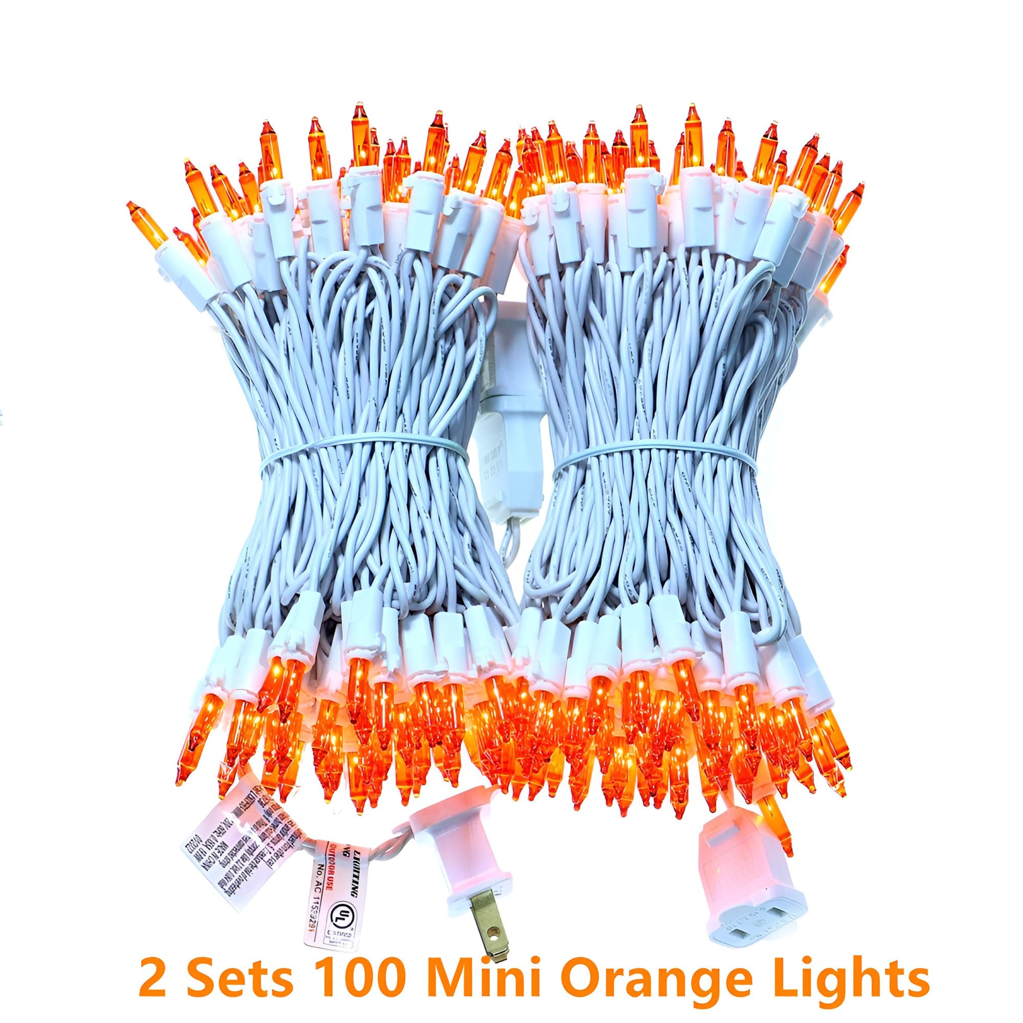 JinBest 200 Amber Bulbs White Wire String Lights, Pack of 2 Sets 100 Light, for Indoor Outdoor Christmas, Halloween, Garden, Patio, Trees.