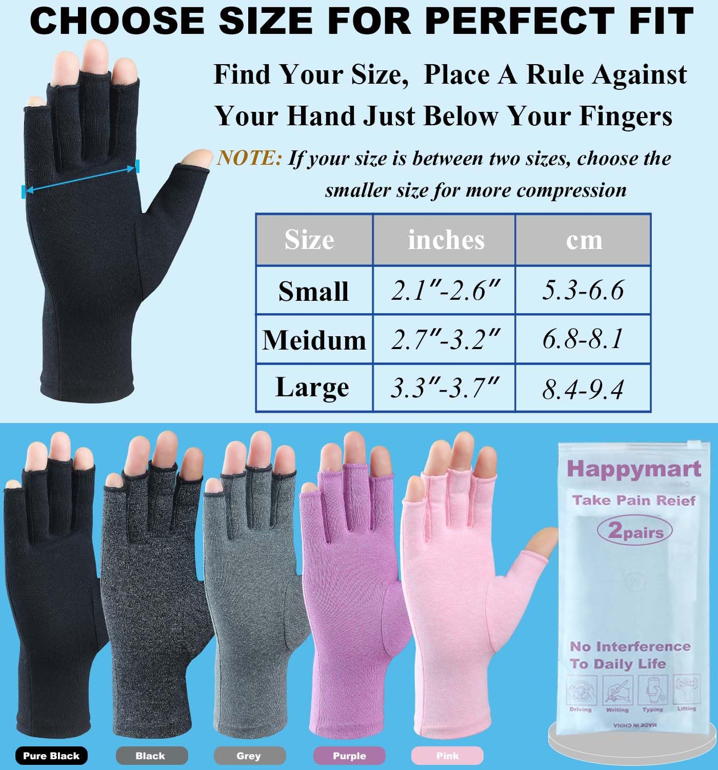 Happymart 2 Pairs Arthritis Gloves, Hand Compression Gloves for Rheumatoid, Pain Relief, Carpal Tunnel, Swelling, Joint Support, Driving Fingerless Gloves for Women Men (Black, Medium)