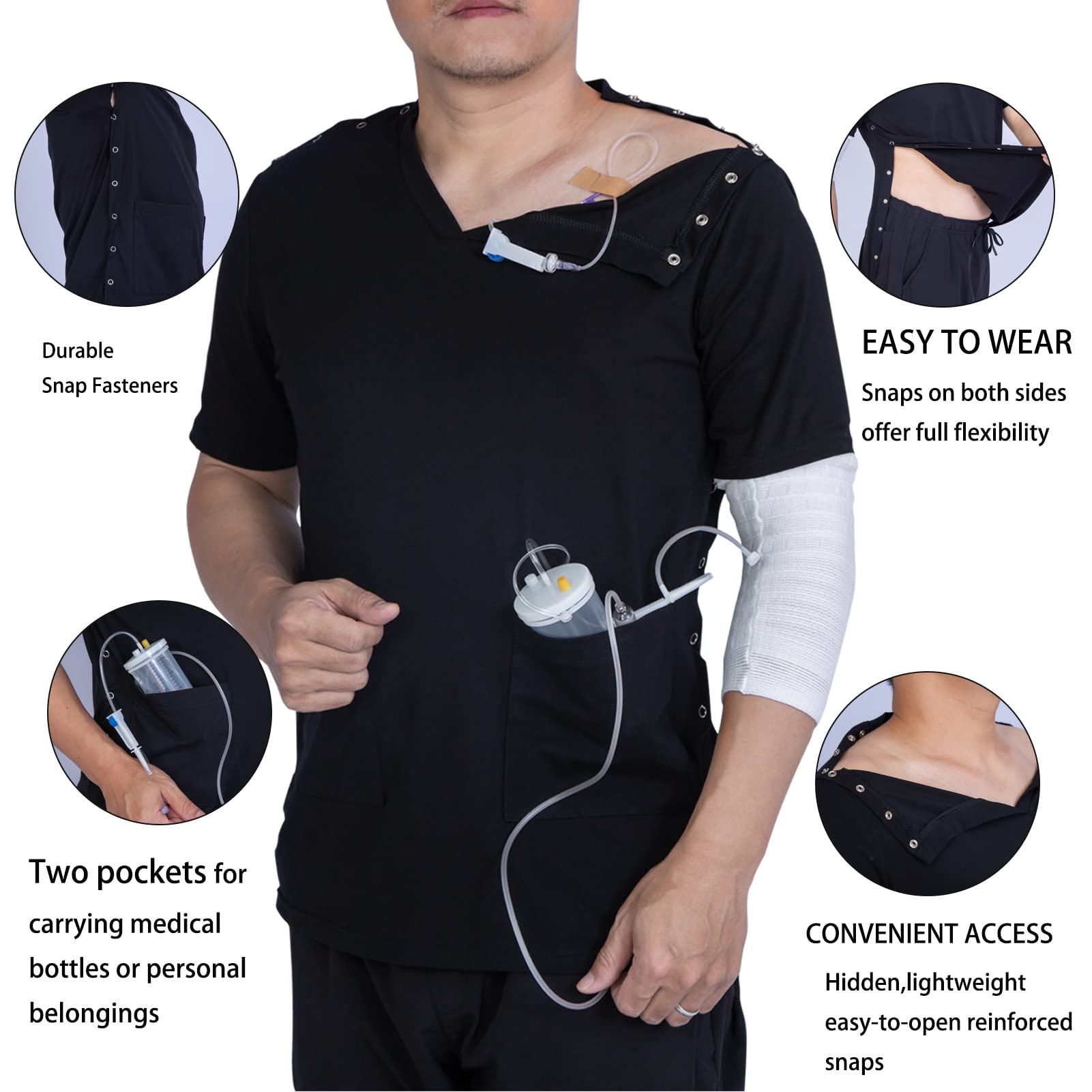Jacobable 2 pockets Uni-Sex Post Shoulder Surgery Shirt & Rehab Shirt with Stick On Fasteners, convenient and quick (XX-Large, Black)