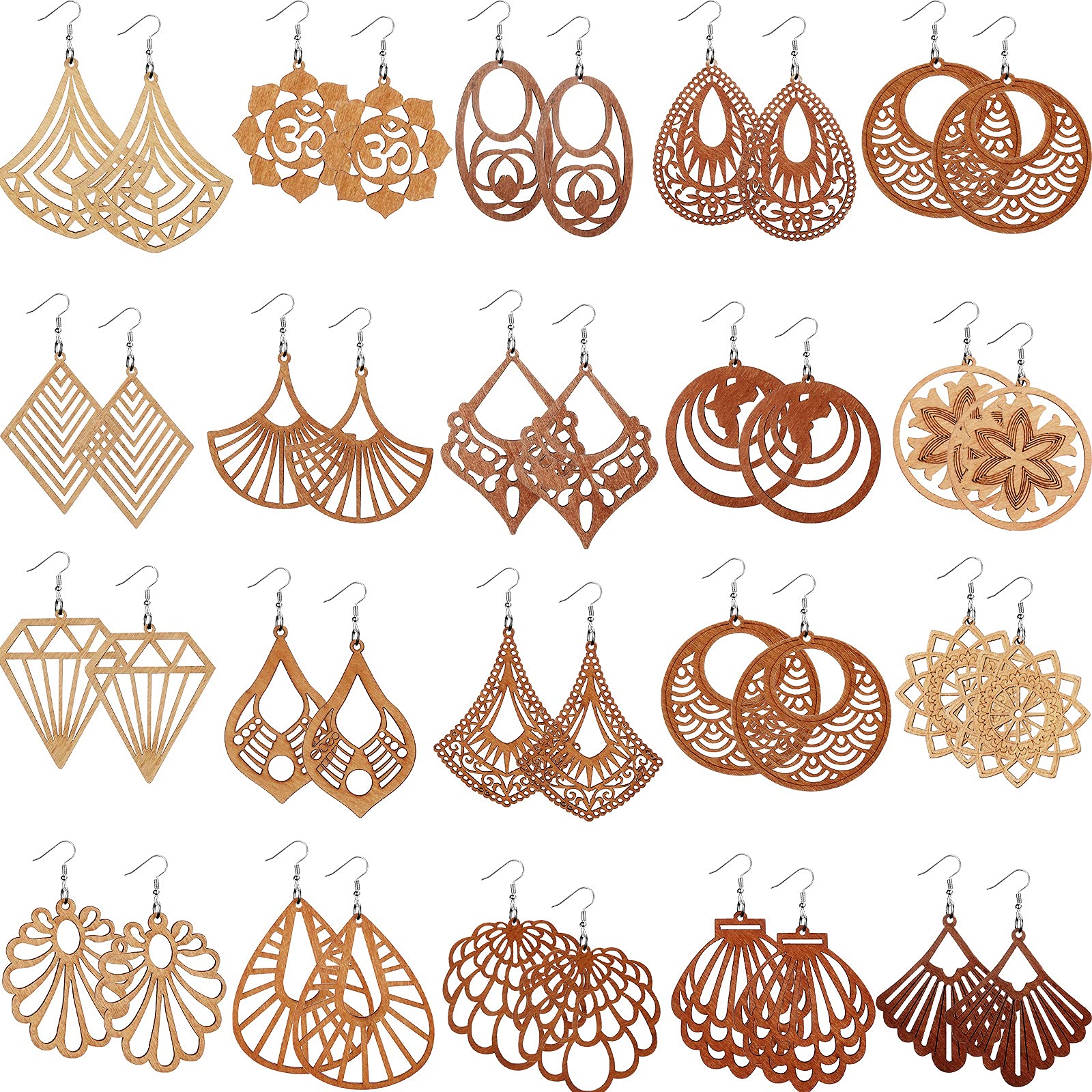 Hicarer 20 Pairs African Wooden Dangle Earrings Drop Earrings Boho Pendant Dangle Earrings Jewelry Natural Wooden Dangle Earrings for Women(Boho Style)