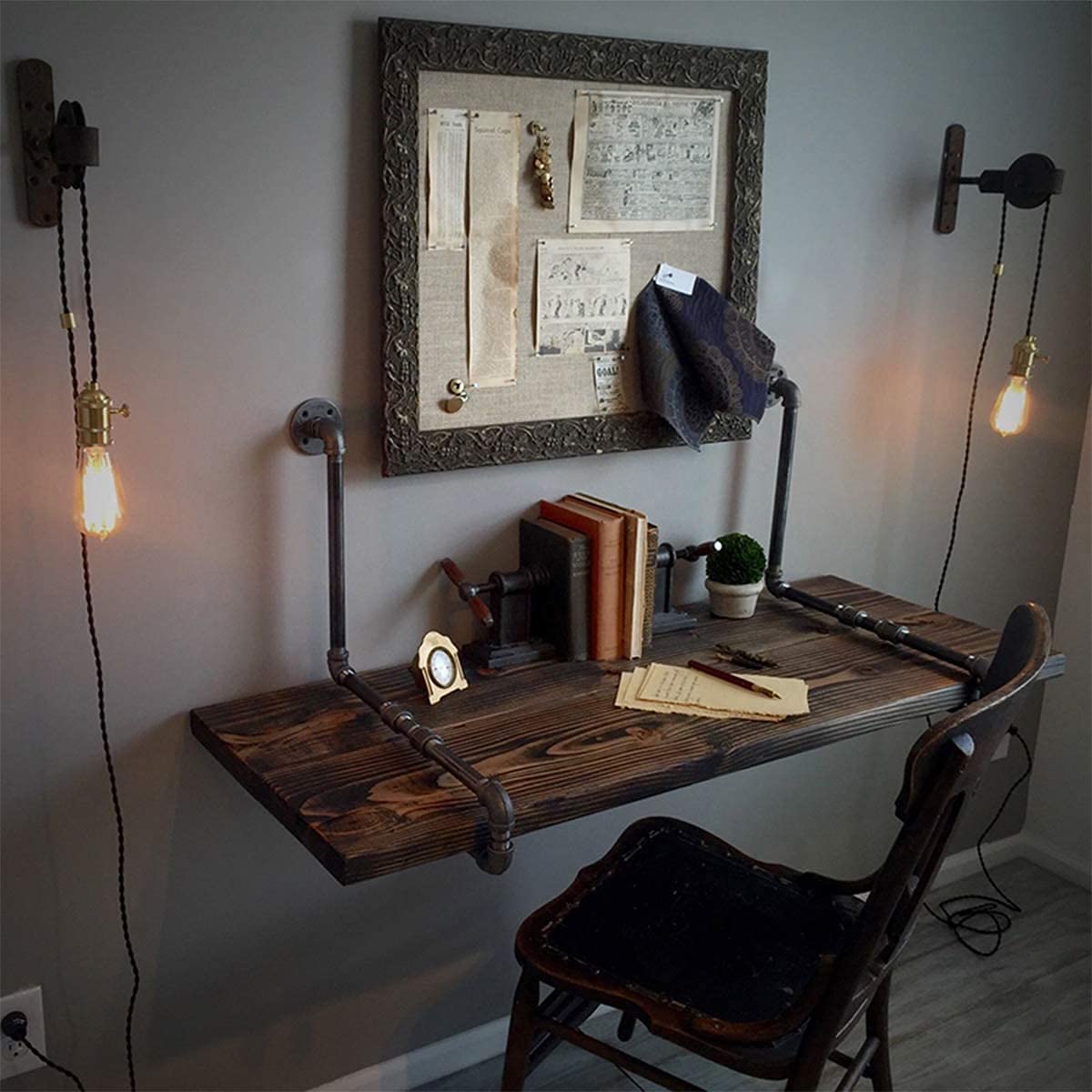 Industrial Retro Pipe Wall Mounted Office Desk Rustic Hanging Table Solid Wood Computer Table Floating Shelves for Home Office Dual-Purpose Table Layout Storage Table 31.5 inches
