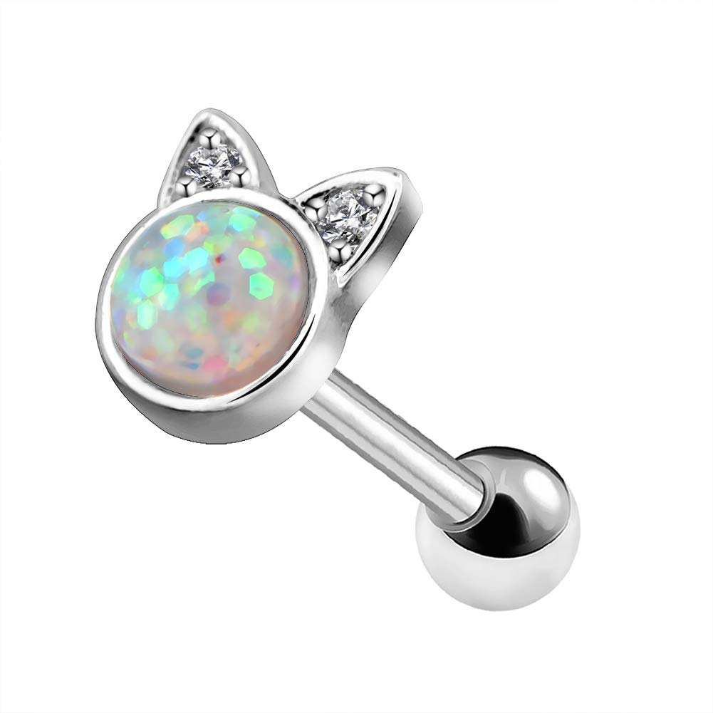 Jewseen 16g Cute Cat Opal Center Tragus Helix Stud Conch Ring Cartilage Earring Body Piercing Earring
