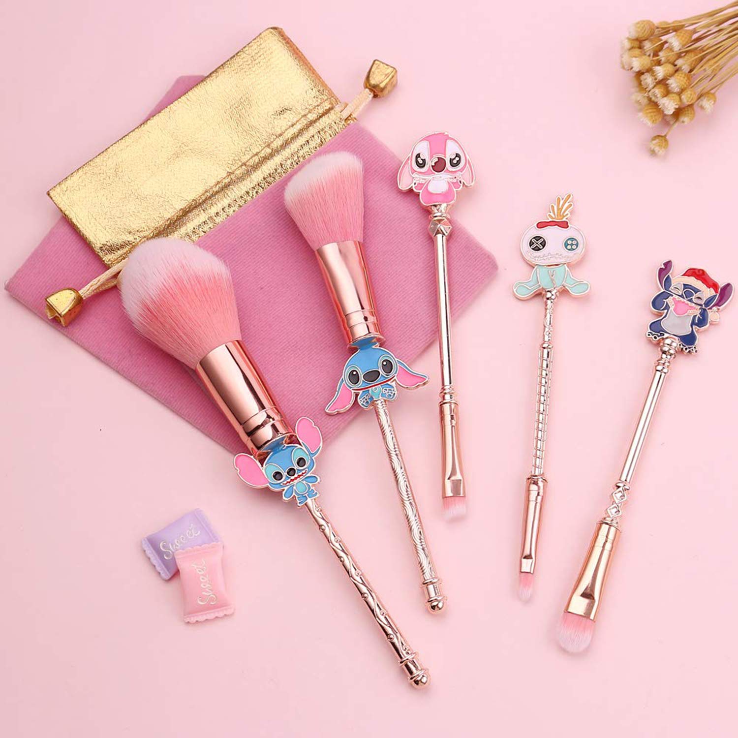 Interstellar Baby Makeup Brushes Set with 5Pcs Creative Stitch Theme Cosmetic Brushes Set, Premium Synthetic Foundation Eyeshades Brush Set Best Gift for Young Girl Women