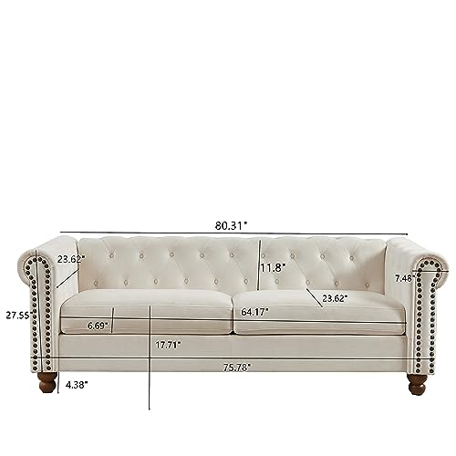 HMFULE 80.31'' Classic Traditional Loveseat Sofa 3 Seat Tufted Upholstered Couch with High-tech Fabric Nailhead Scrolled Arms for Living Room Apartment Office (White1)