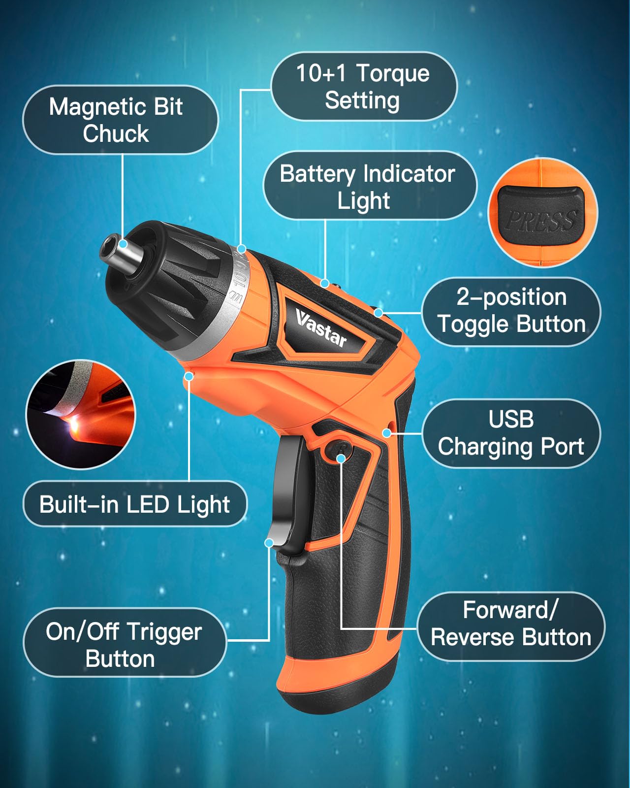 Vastar 8V Cordless Electric Screwdriver, 89Pcs Rechargeable Power Magnetic Screwdriver Kit in Carrying Case, with 10+1 Torque Settings, Dual Position Handle, Battery Indicator, Flexible Shaft, LED
