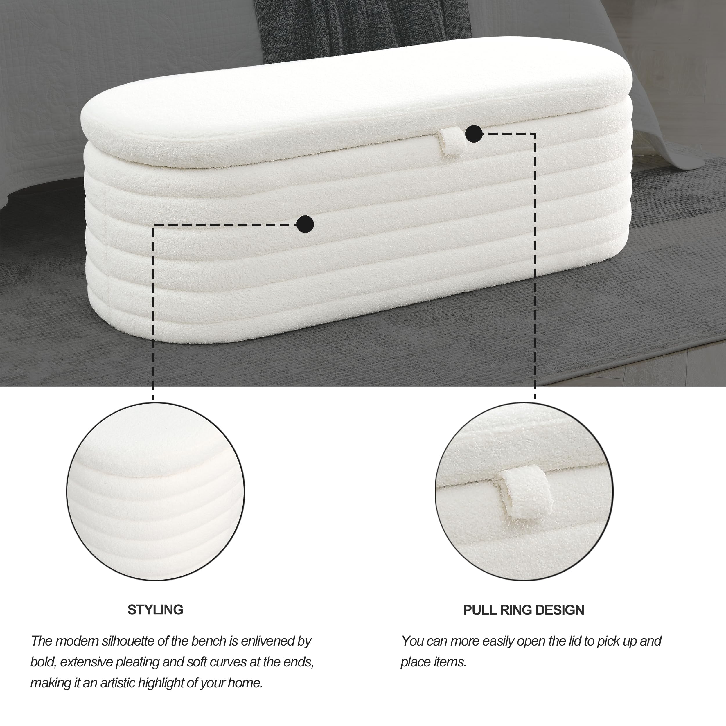 IMGDD 45.5 inches Storage Ottoman Bench Upholstered Fabric Storage Bench End of Bed Stool with Safety Hinge for Bedroom, Living Room, Entryway (White)