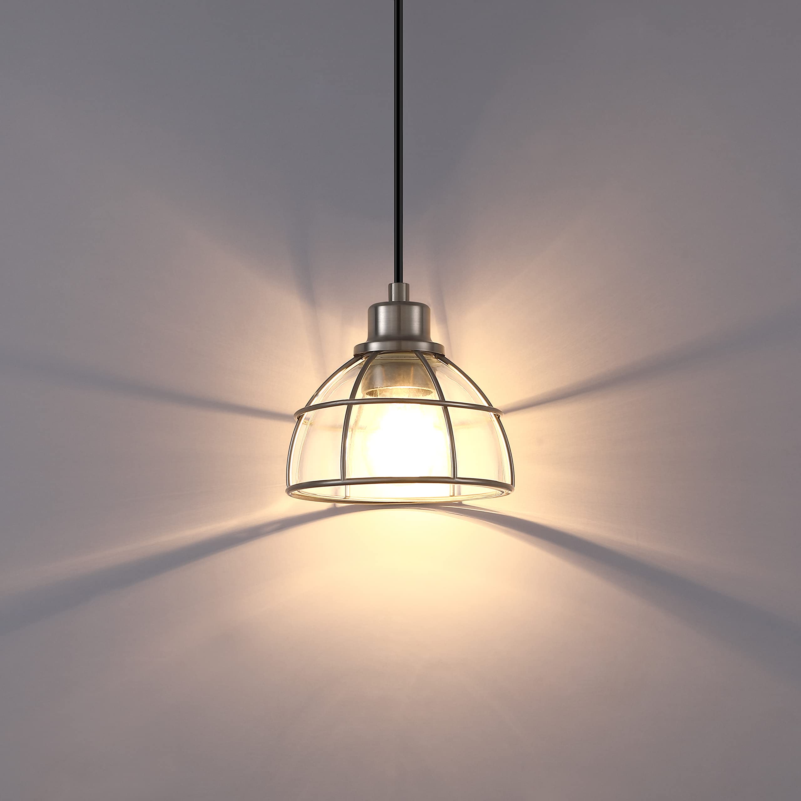 Industrial Hanging Drum Indoor Pendant Ceiling Light Kitchen Island Fixtures Brushed Nickel Finish,Metal Shade for Bar Dining Room Corridor Living Room (3 Pack, Clear Glass Pendant Light)