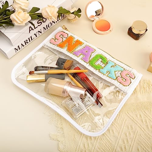 TOSOUATOP Makeup Bag With Glitter Chenille Letter, Clear Snack Letter Bag, Beach Bag, 【High-Capacity】, 【Woven Design】, 【Waterproof Material】, Travel Makeup Bag for Women/Girls,White-SNACKS