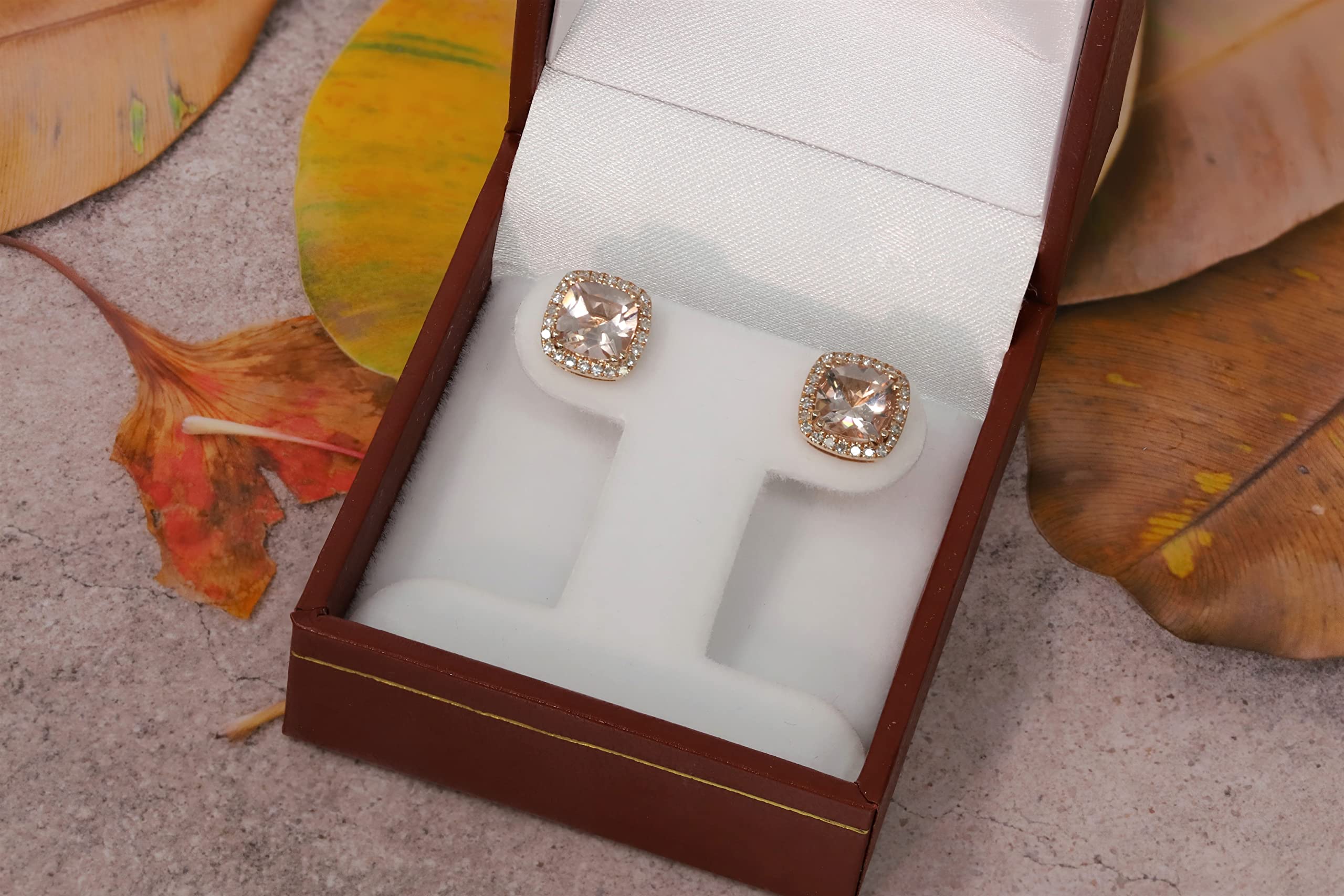 KOKAV 14K Rose Gold 6mm Cushion Genuine Morganite with Diamond Halo Studs Earrings