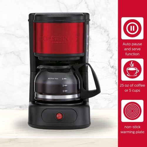Holstein Housewares 5 Cup Coffee Maker, Black/Metallic Red - User Friendly One-Touch Operation