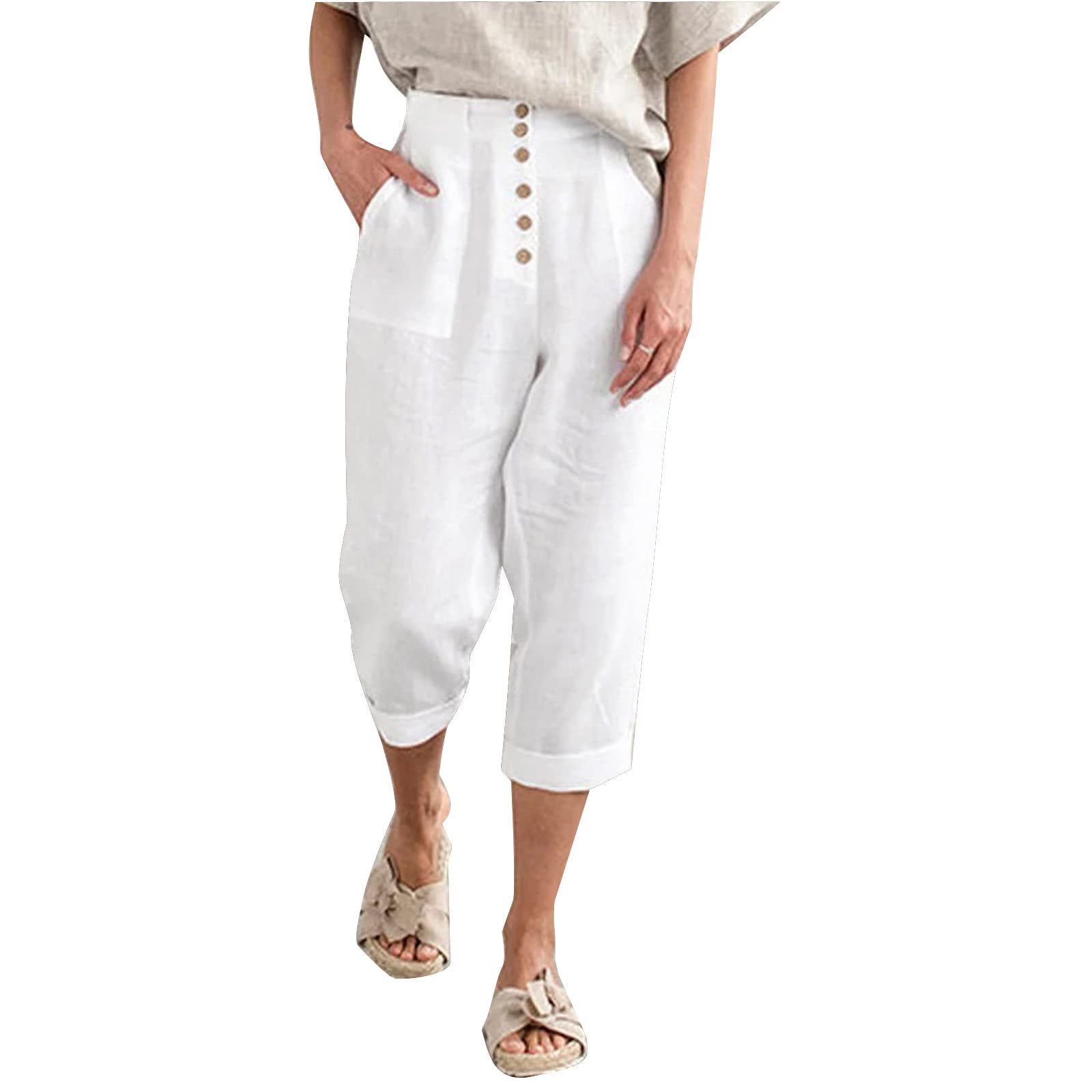 Mackneog Crop Lightweight Women's Printed Linen Capri Pants Loose Fit Casual Loose Womens Pull On Capri Cotton Loose Fitting White
