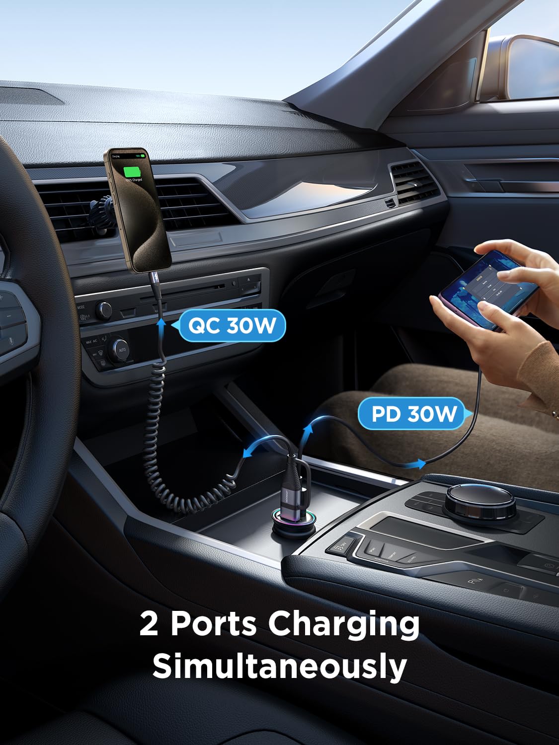 JOYROOM USB C Car Charger,【USB A/C to USB-C Coiled Cable】60W Super Fast Car Phone Charger 【Mini & All Metal】iPhone Car Charger Adapter for iPhone 15/14/13/12/11 Pro/11/X, Note 9/20 Galaxy S23/S10/S9