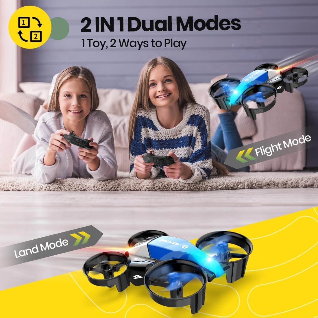 Holy Stone HS210F Mini Drone for Kids, 2 In 1 Small Indoor RC Quadcopter Helicopter Plane with Battery, Land and Fly Mode, Auto Hovering, 3D Flip, Headless Mode, Toy Gift for Boys and Girls, Blue