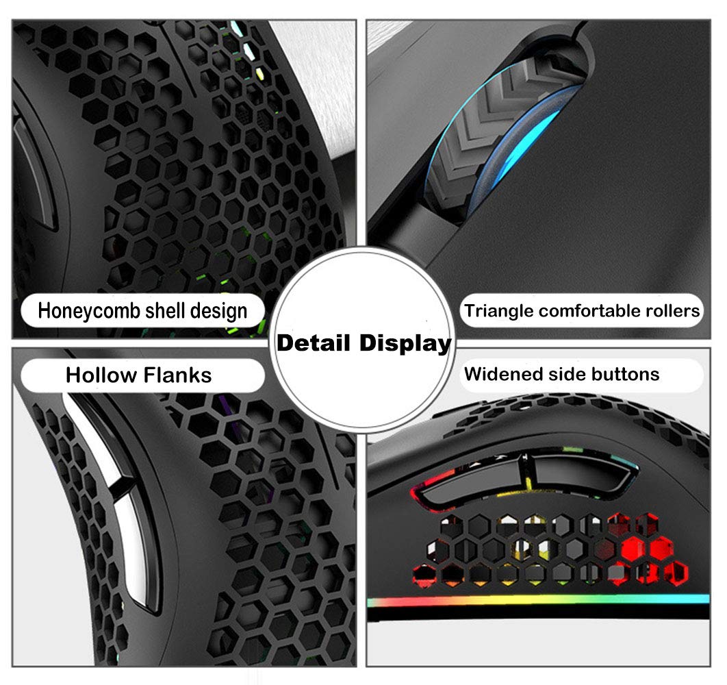 Lightweight Gaming Mouse,Wireless Rechargeable Ultralight Honeycomb Mice with RGB Chroma Backlit, Adjustable DPI,2.4G Wireless Ergonomic Optical Sensor Mouse Compatible for PC Mac Gamer (Black)