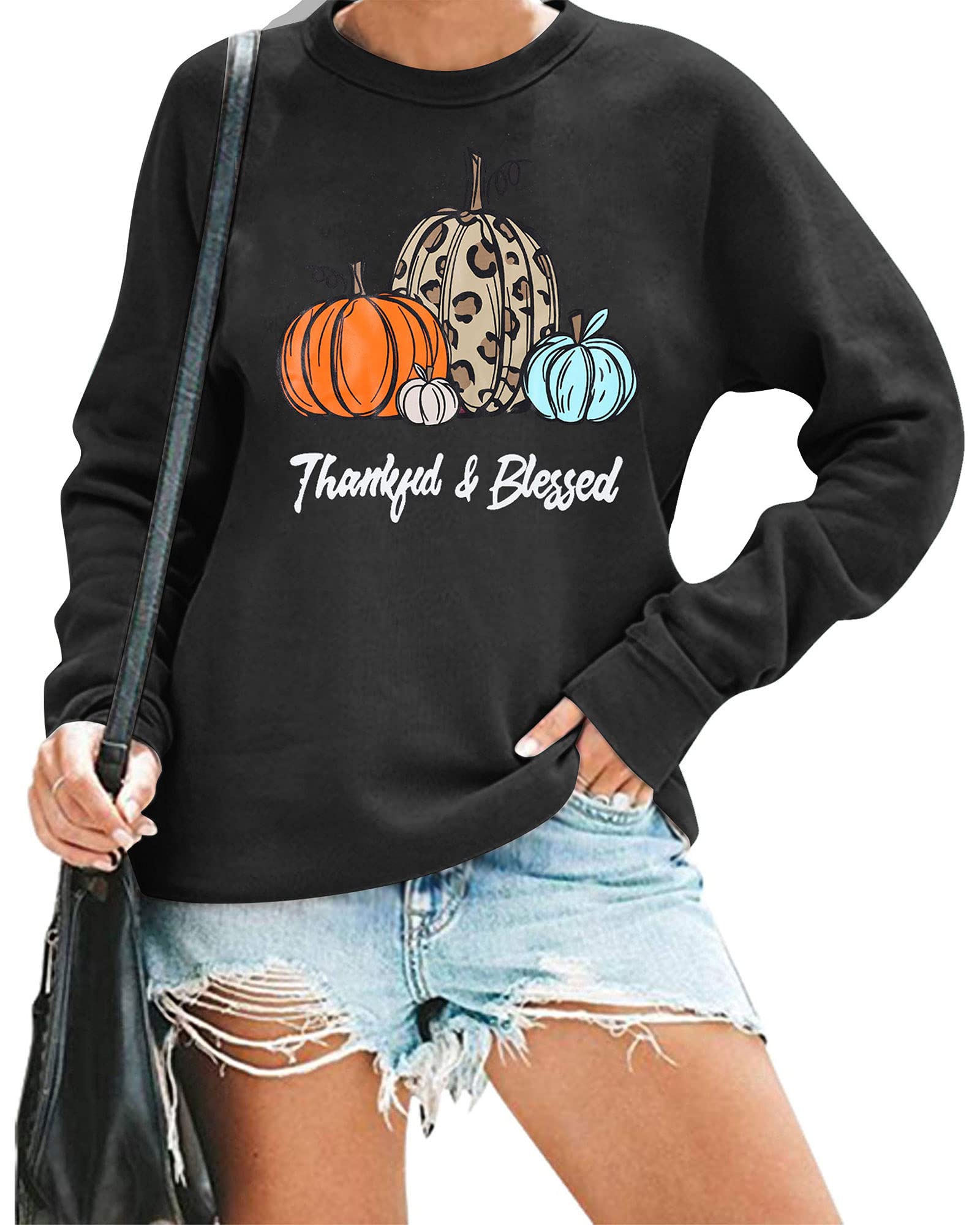 KIDDAD Thankful Blessed Sweatshirt Womens Thanksgiving Shirt Cute Leopard Pumpkin Pullover Shirt Casual Fall Long Sleeve Tops