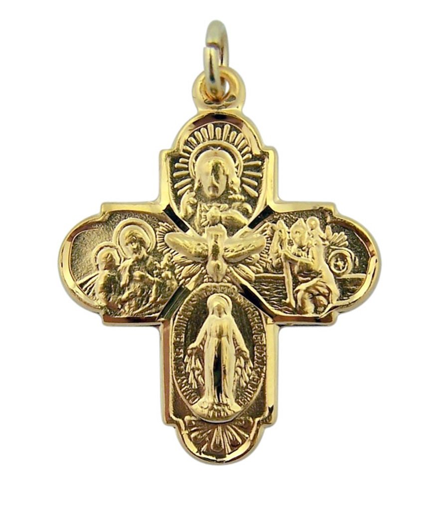 HMHInc 14K Gold Plate Overlay Sterling Silver 4-Way Miraculous Scapular Medal Pendant, 1 1/16 Inch