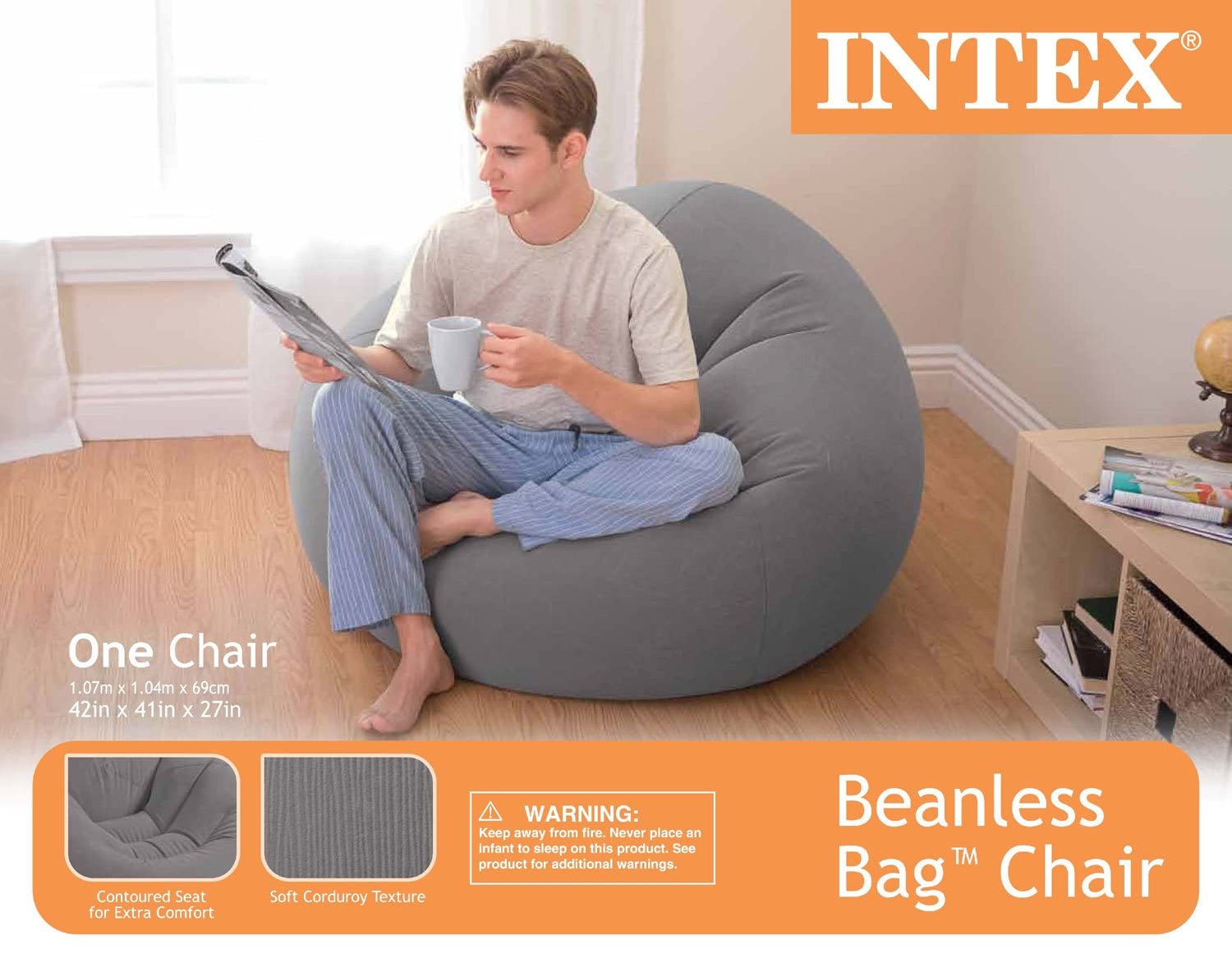 Intex Inflatable Contoured Corduroy Beanless Bag Lounge Chair, Gray (2 Pack)