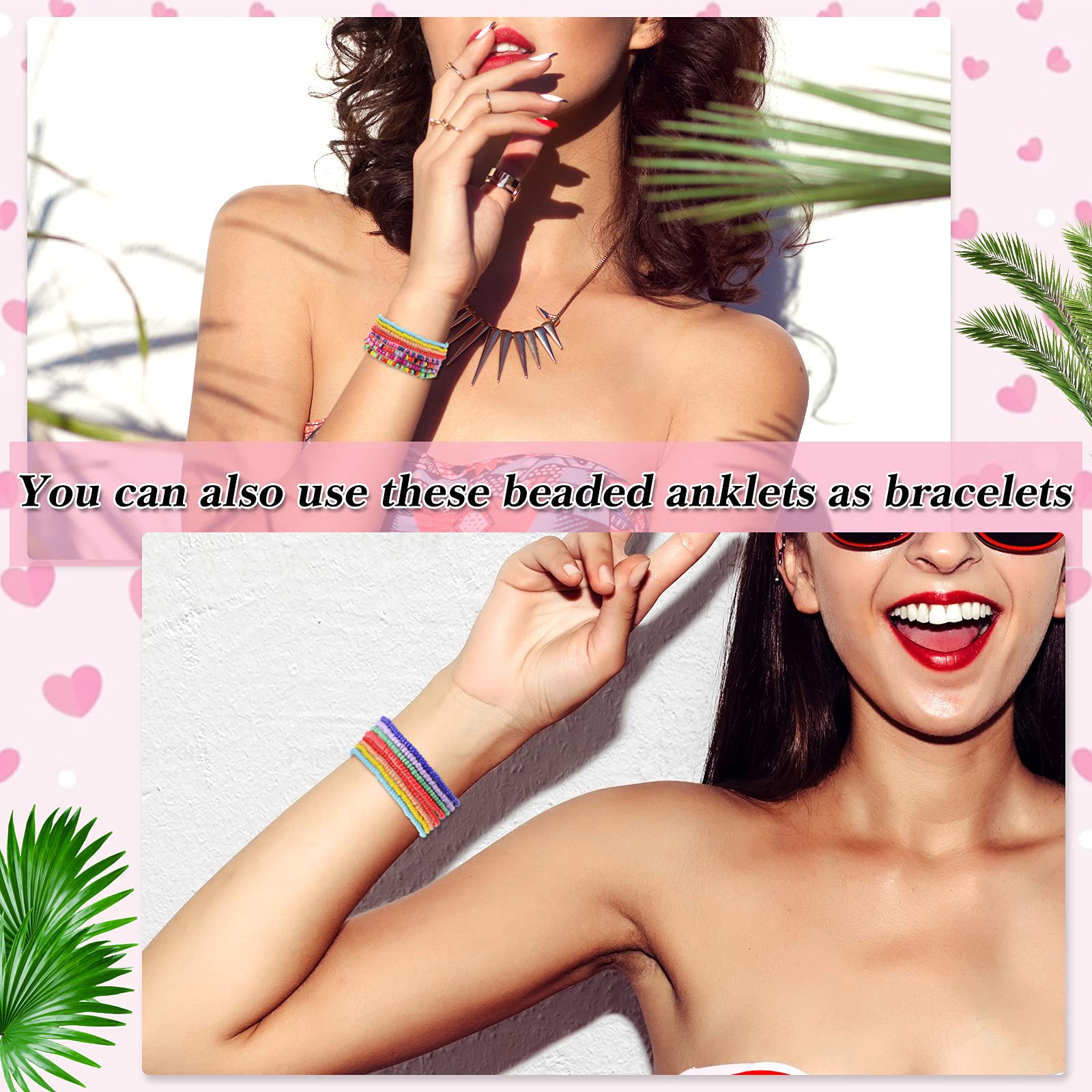 Jadive 24 Pieces Colorful Beaded Anklets Handmade Elastic Boho Beaded Ankle Bracelets Adjustable Foot Chain for Women Girls